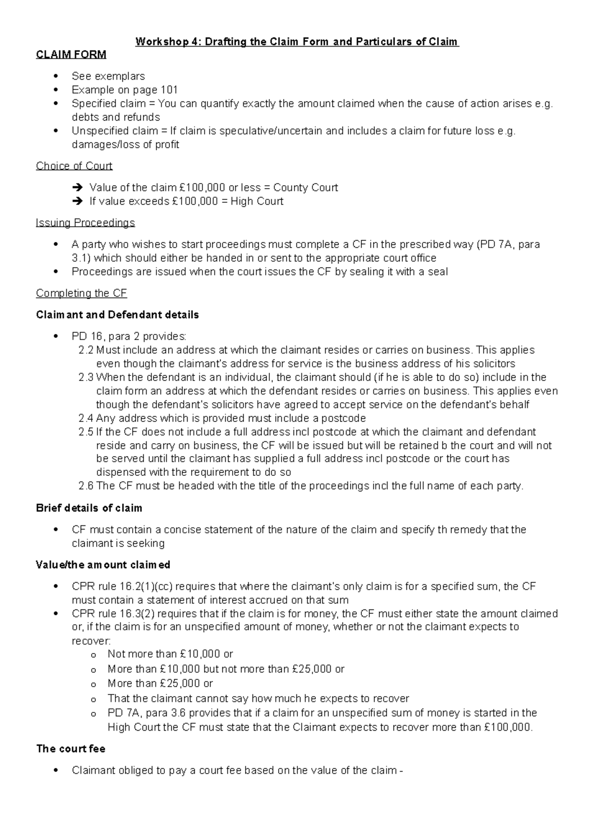Workshop 4 - Drafting CF & POC - Workshop 4: Drafting the Claim Form ...
