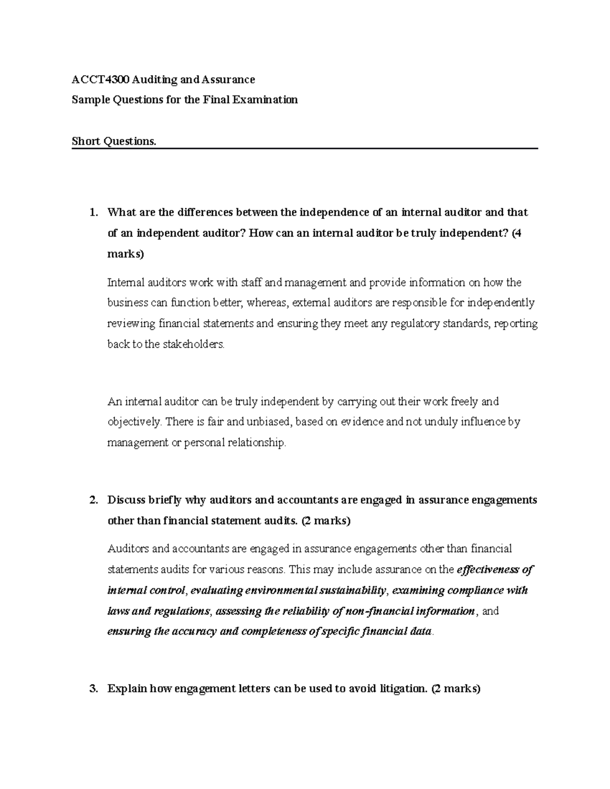 Sample Examination Questions - ACCT4300 Auditing and Assurance Sample ...