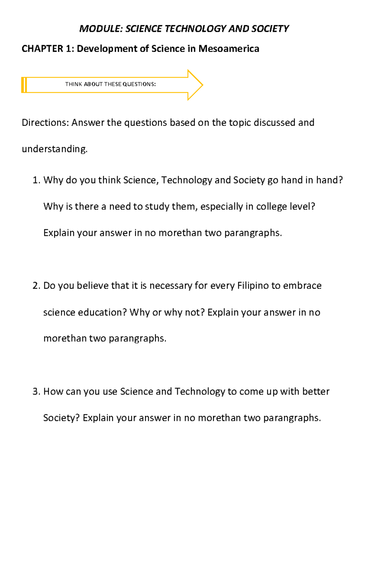 Chapter 1 Activity STS - MODULE: SCIENCE TECHNOLOGY AND SOCIETY CHAPTER ...