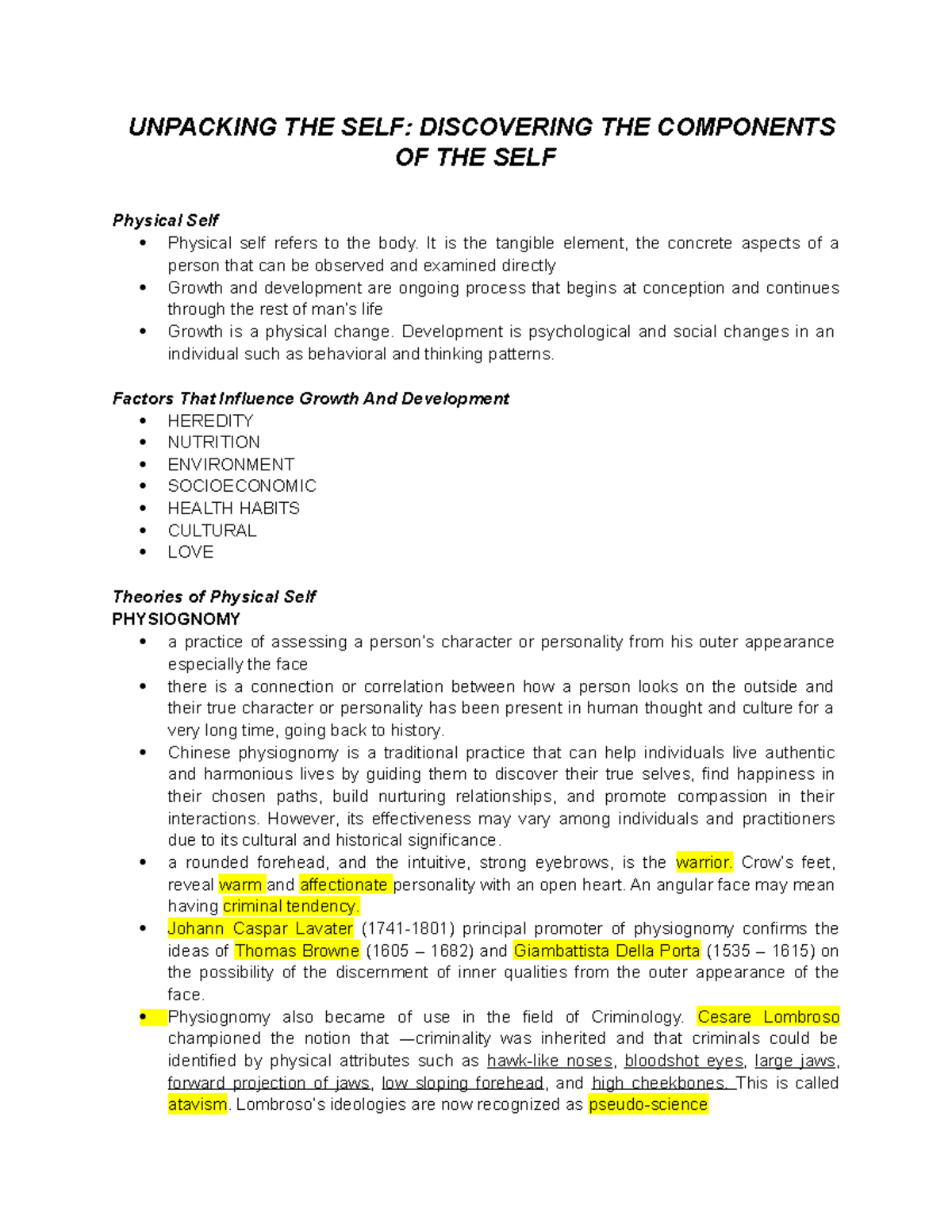 Unpacking-THE-SELF - understanding the self. - UNPACKING THE SELF: DISCOVERING THE COMPONENTS OF ...