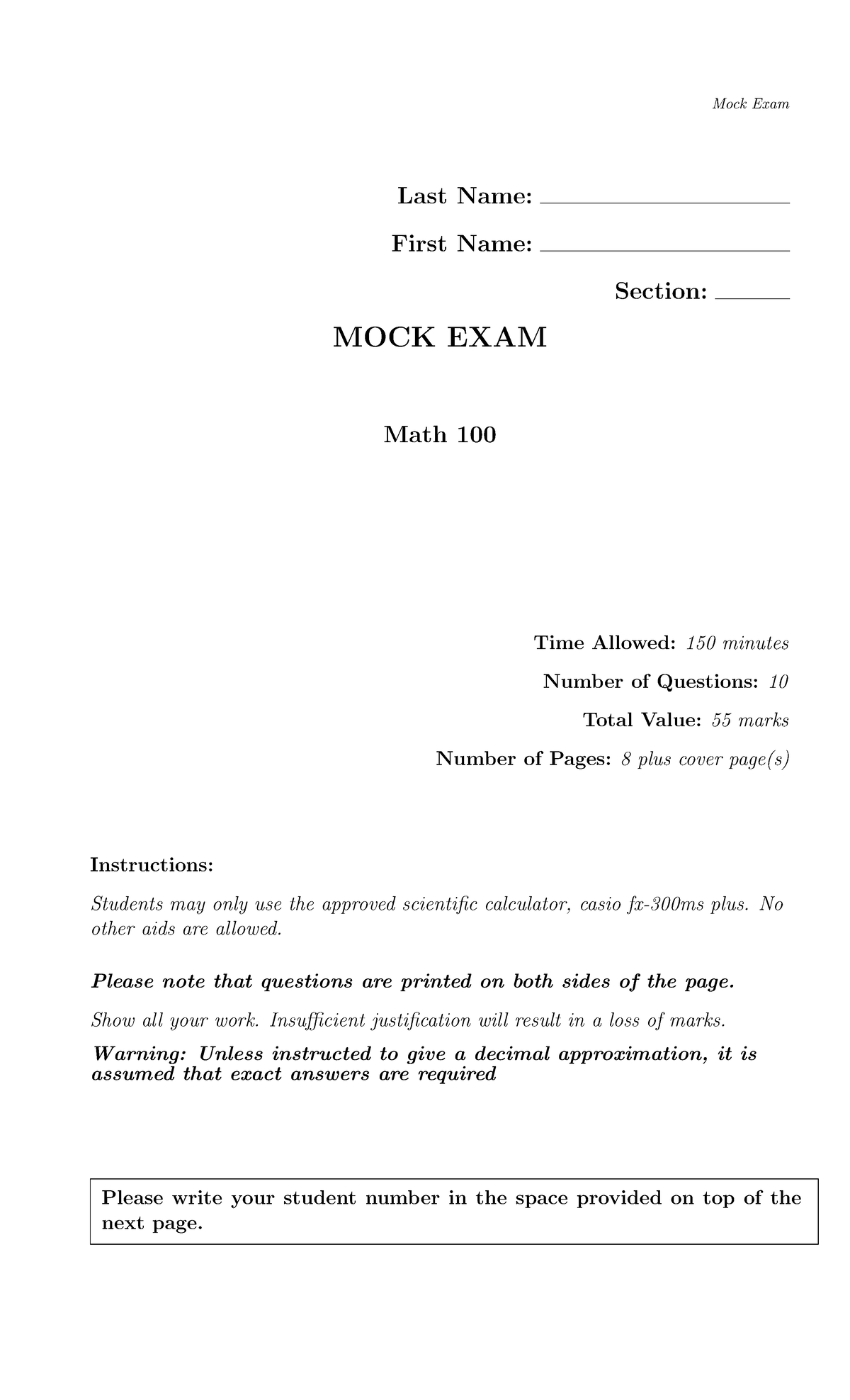 MA100 Mock- Final - Solution - Mock Exam Last Name: First Name: Section ...