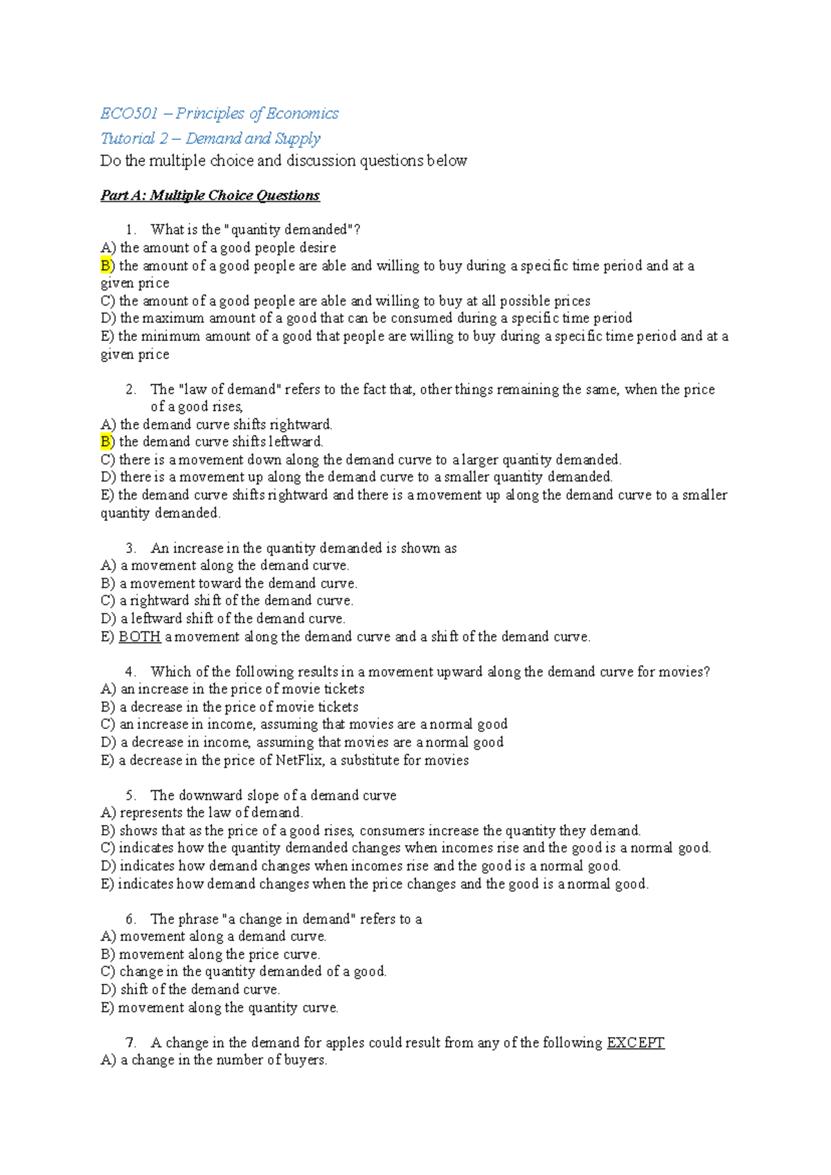 Tutorial 2 Questions - ECO501 – Principles of Economics Tutorial 2 ...