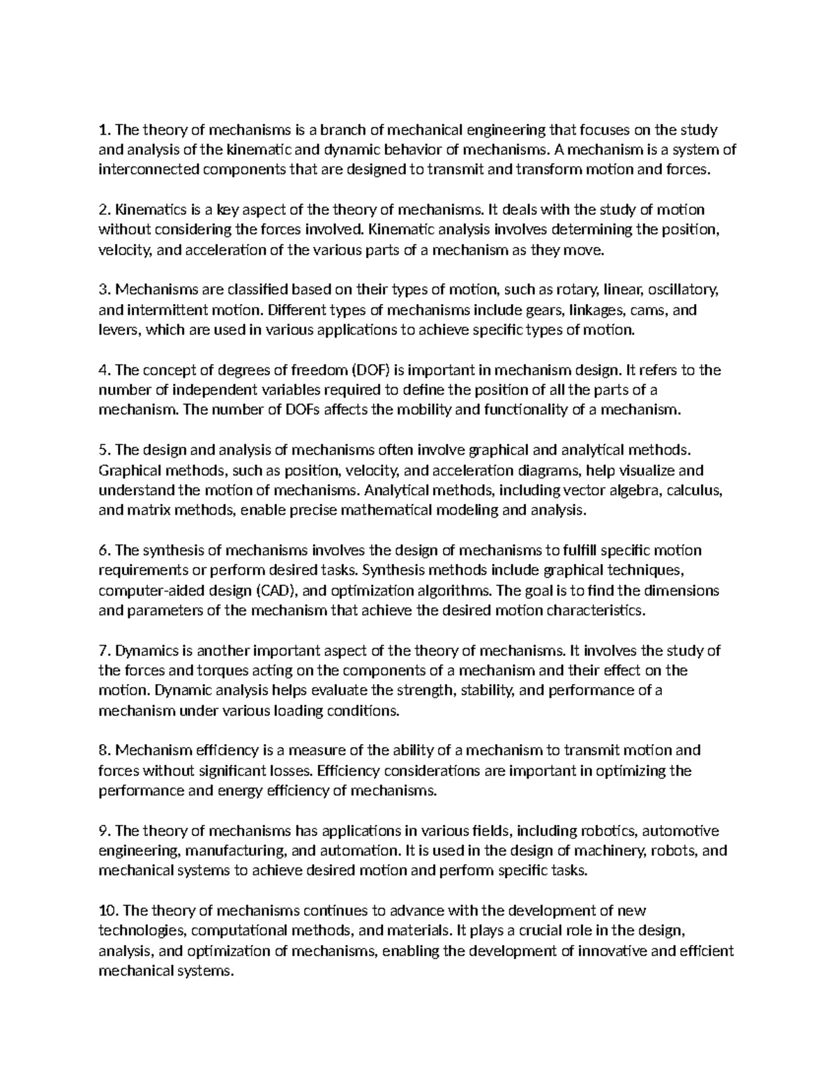 Theory of Mechanism - summary - The theory of mechanisms is a branch of ...