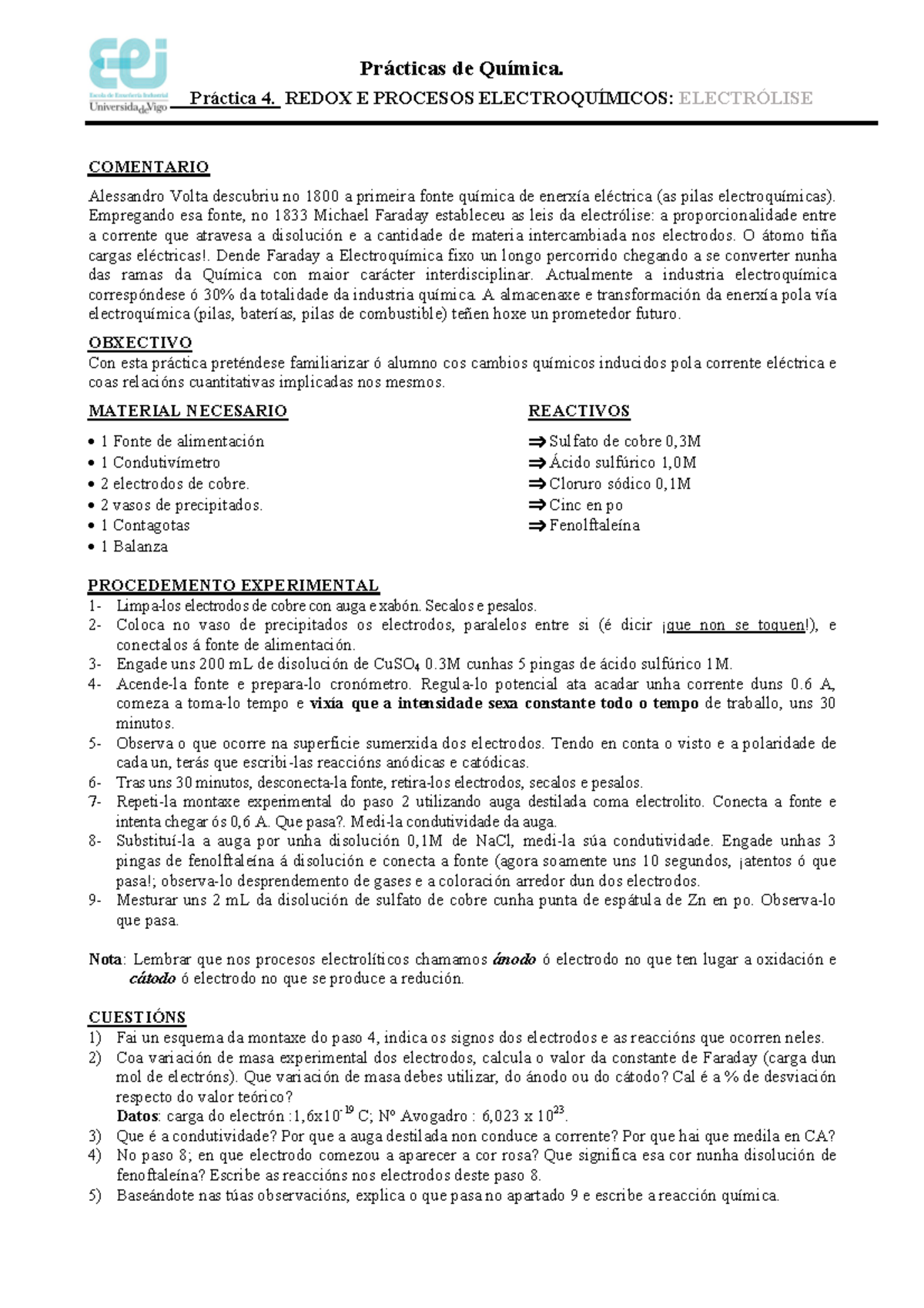 Guions 2018-Práctica-4N-Electrolise - Prácticas de Química. Práctica 4. REDOX E PROCESOS - Studocu