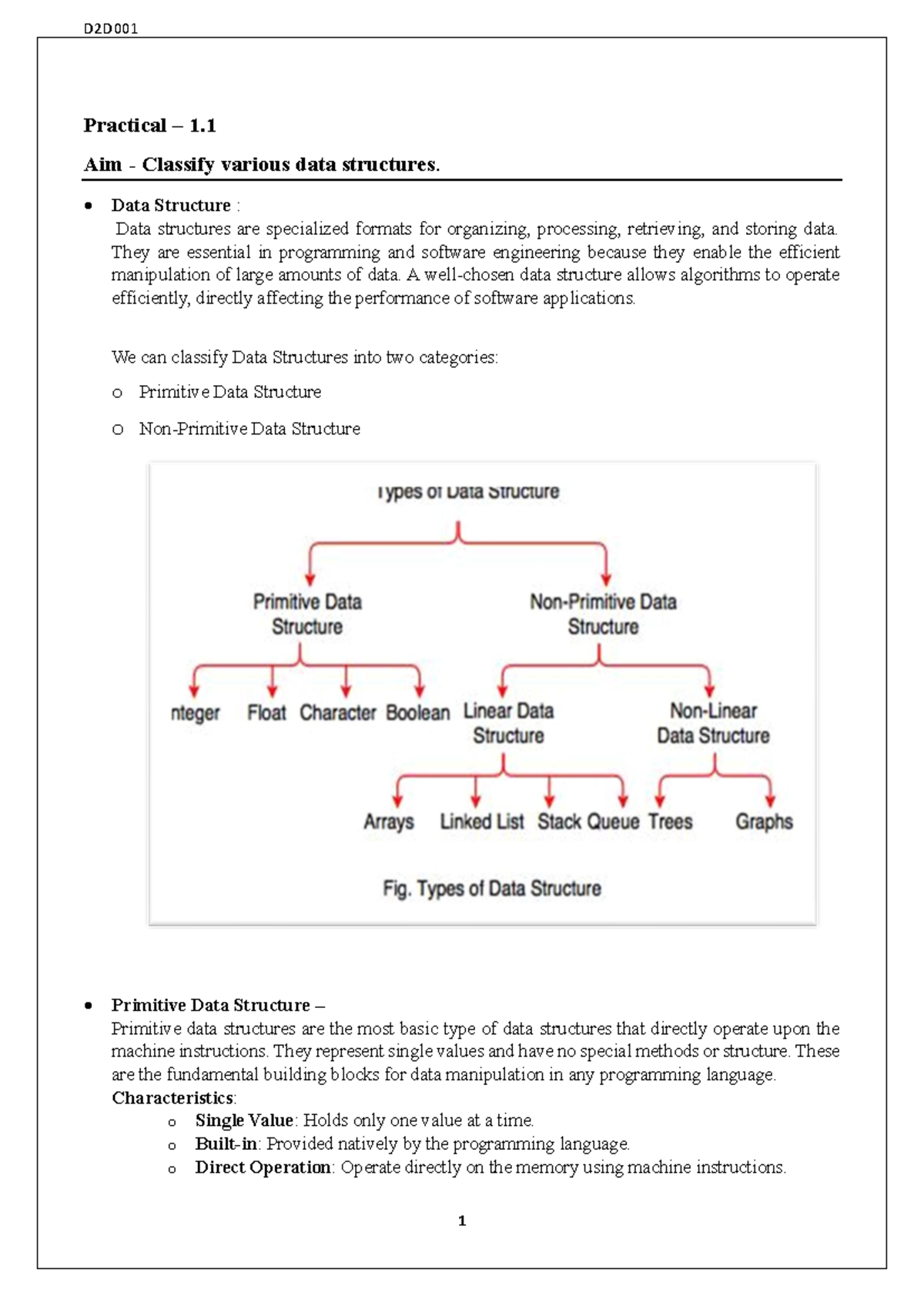 Practicals - Aim - Classify various data structures. • Data Structure : Data structures are ...