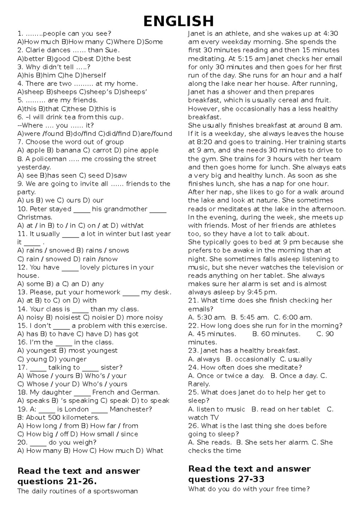 Pm5 test - english - ENGLISH ....... can you see? A)How much B)How many ...