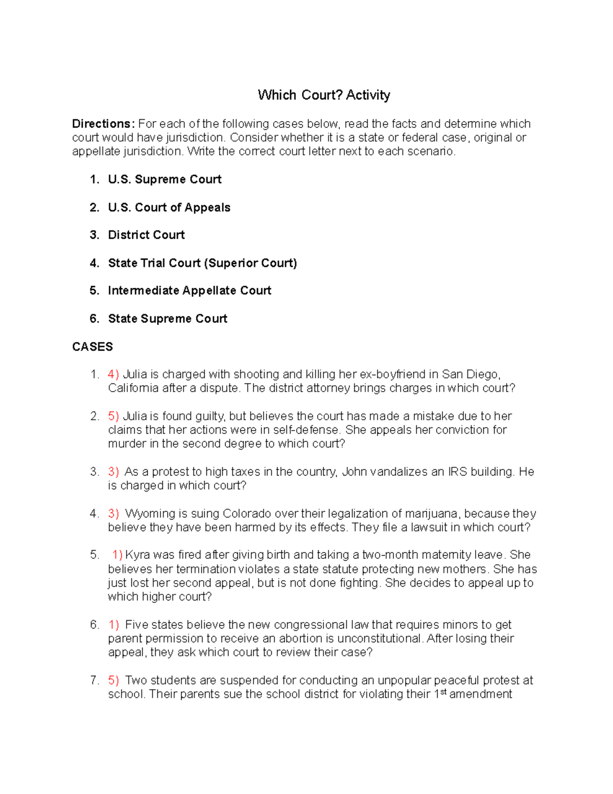 Which Court Activity - AP Gov - Which Court? Activity Directions: For ...