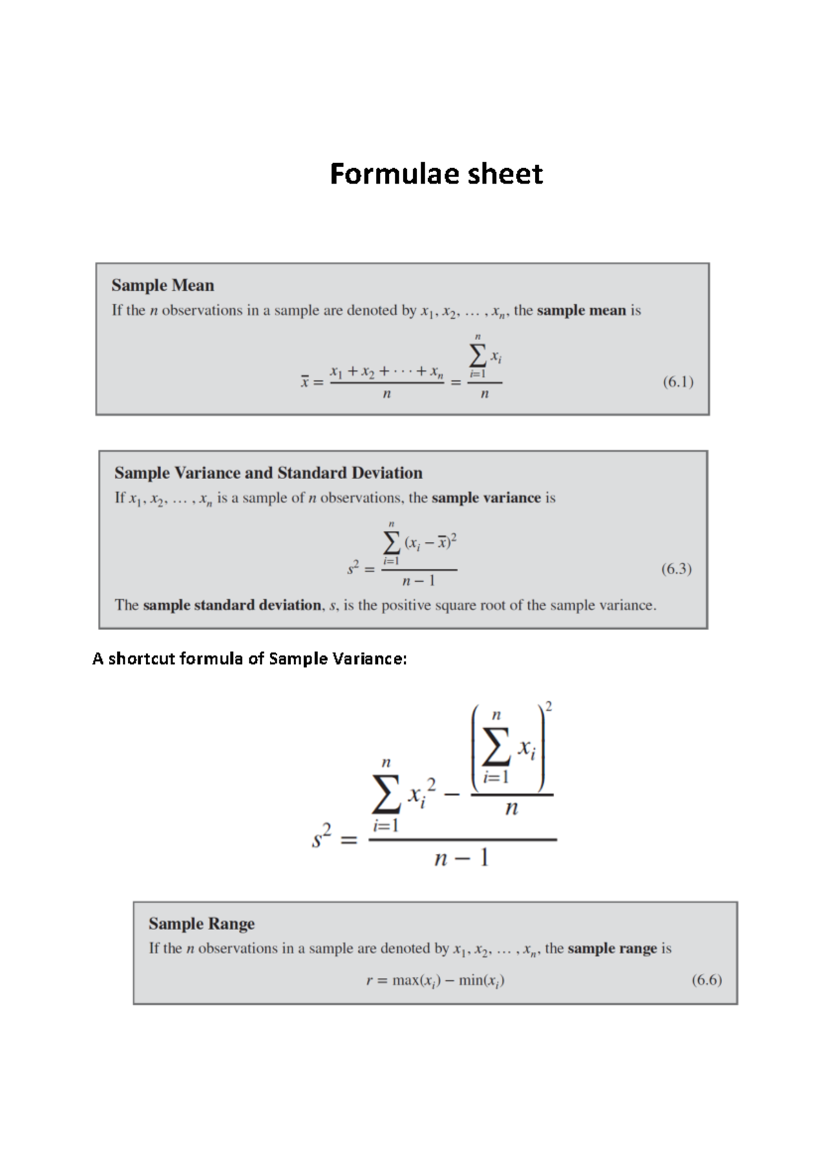 NGN211 Formulae Sheet - Formulae sheet ####### A shortcut formula of ...