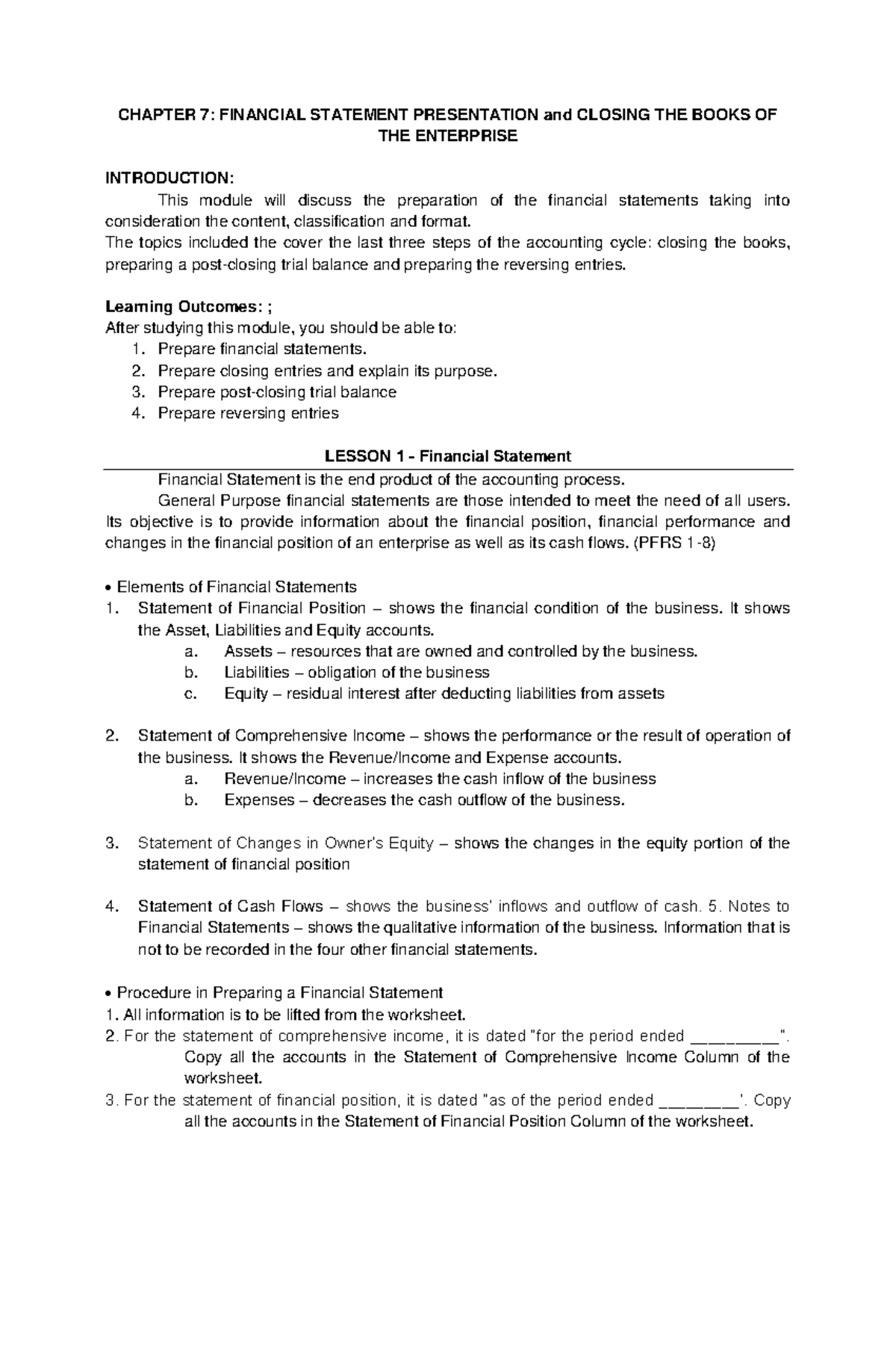 Practice materials for accounting students - CHAPTER 7: FINANCIAL ...