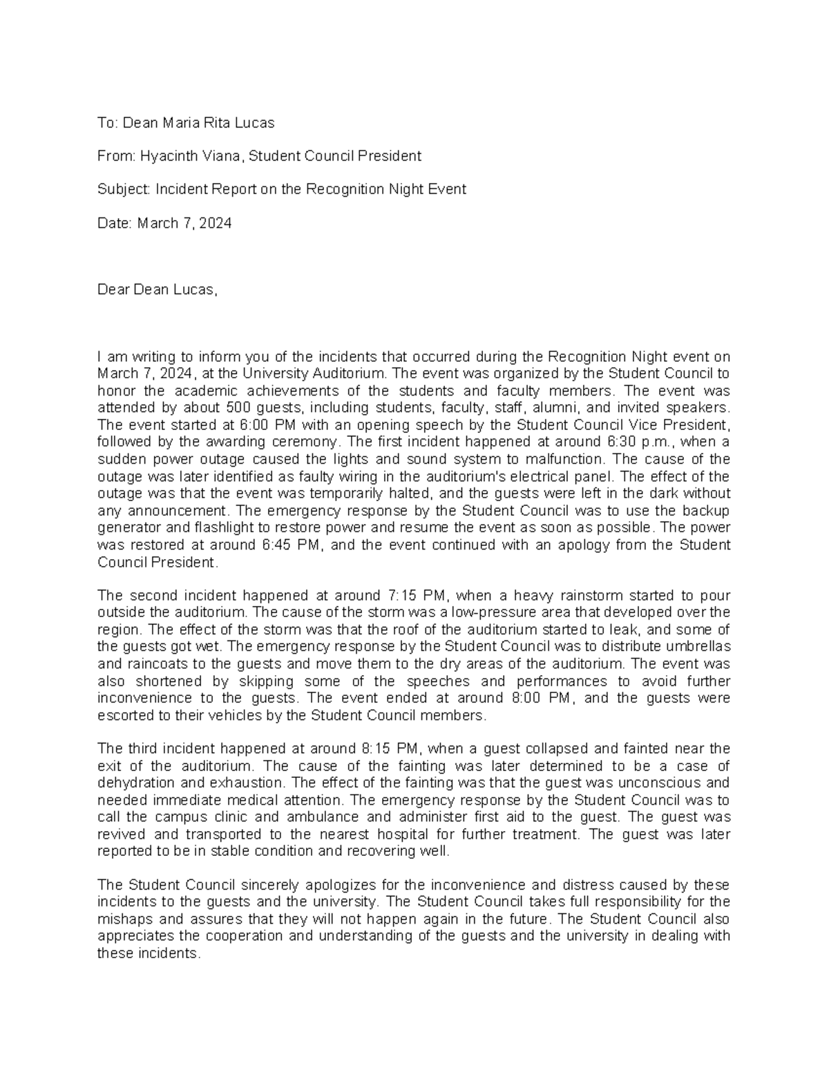Recognition Night Gone Wrong - To: Dean Maria Rita Lucas From: Hyacinth ...