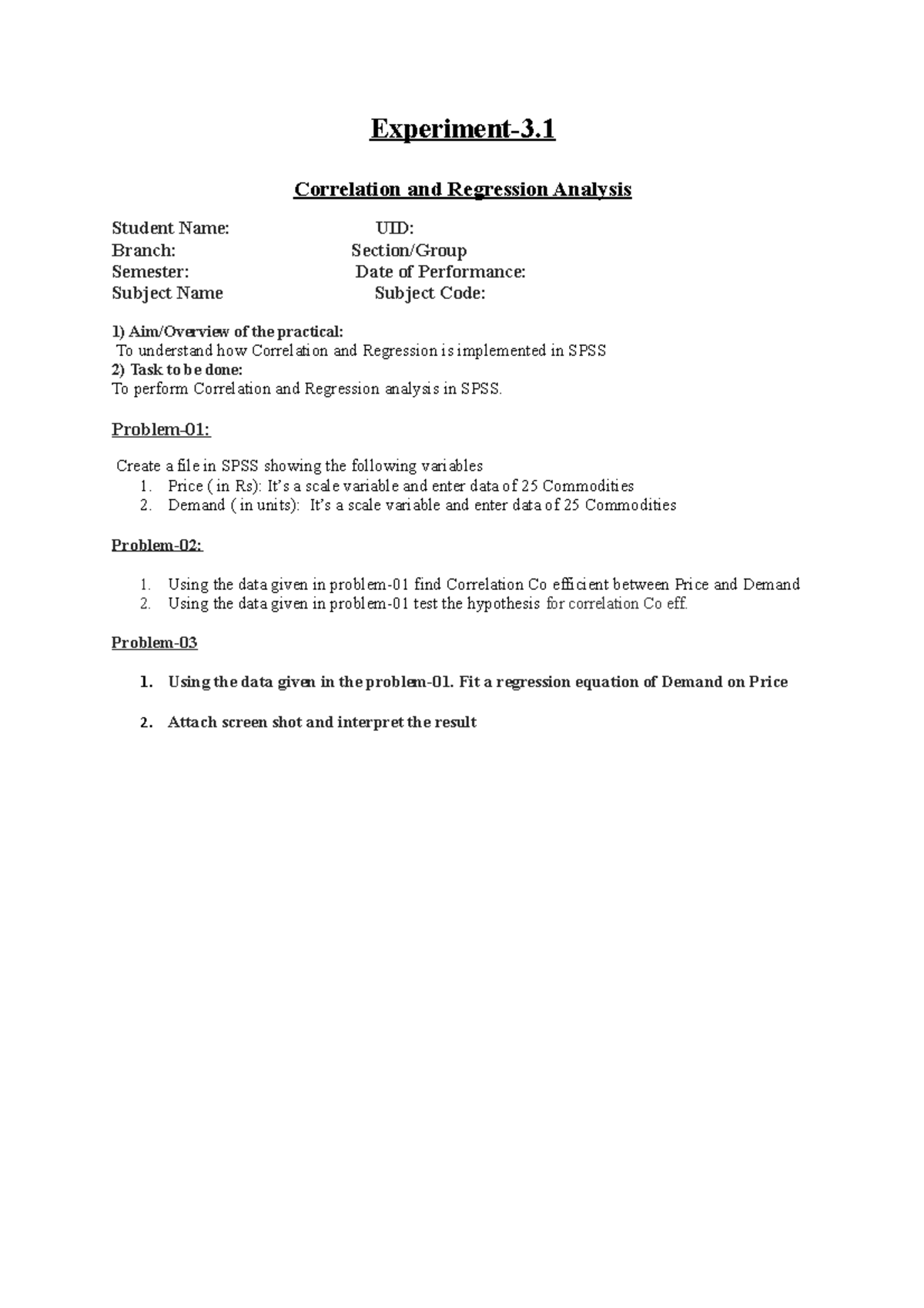 Worksheet-8 - Experiment-3. Correlation and Regression Analysis Student Name: UID: Branch: - Studocu