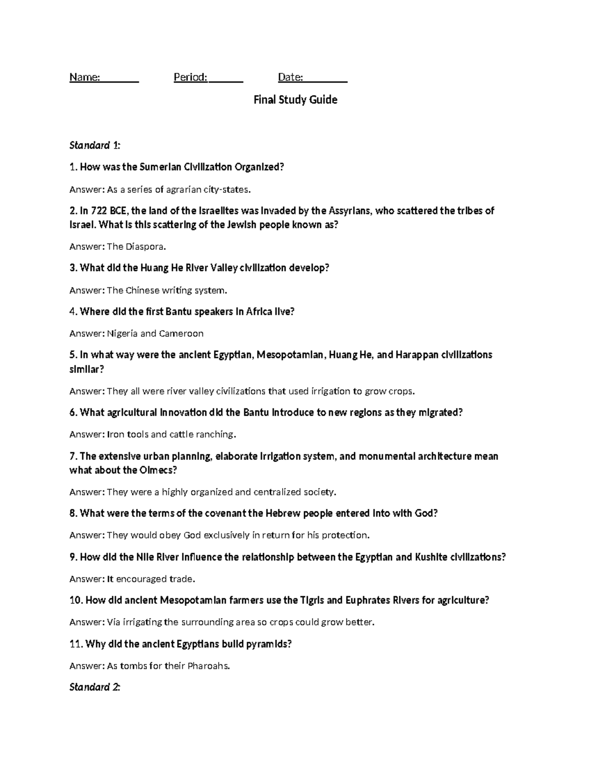 Final Study Guide Answer Key - Name: Period: Date: Final Study Guide ...