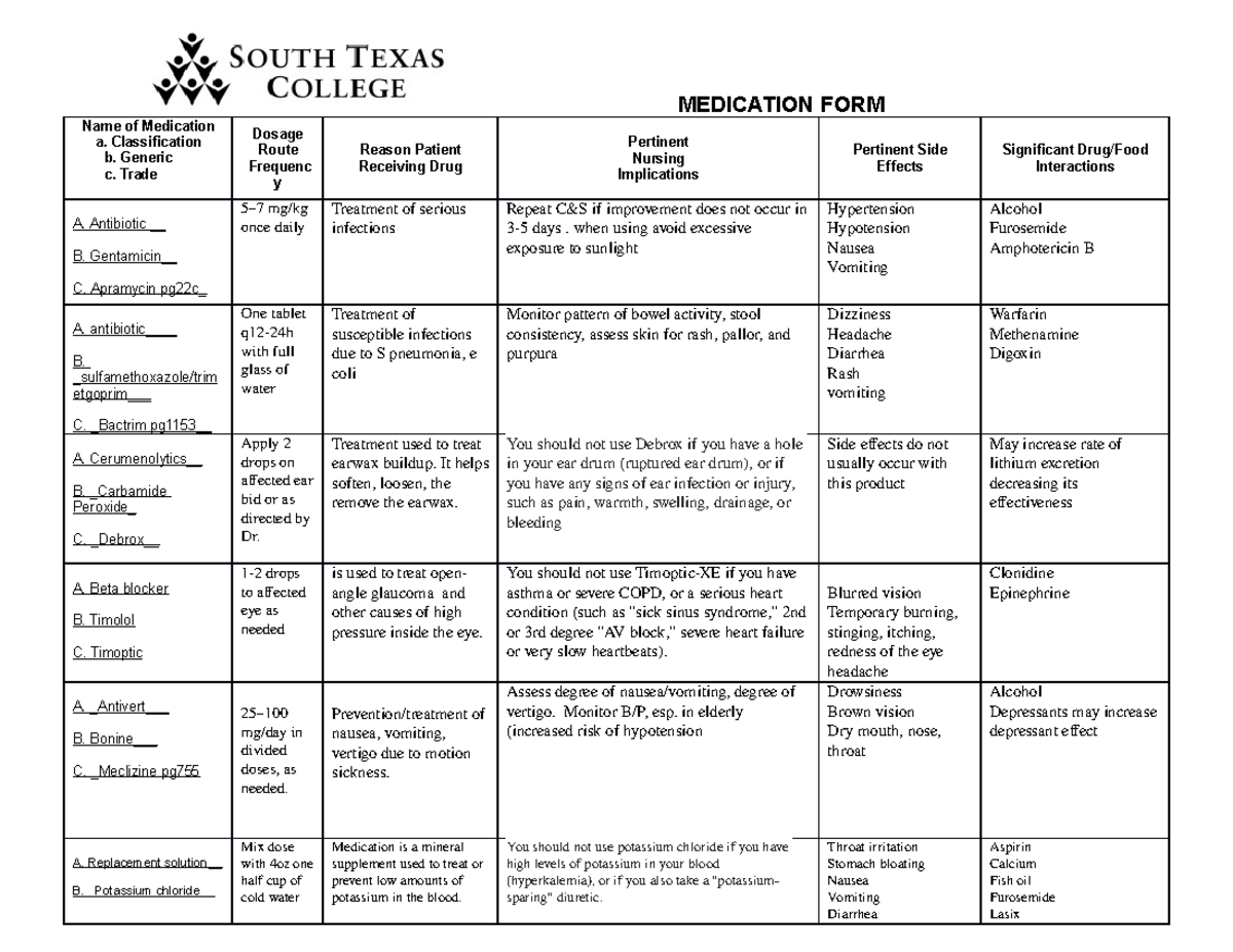 3rd med forms for - MEDICATION FORM Name of Medication a ...