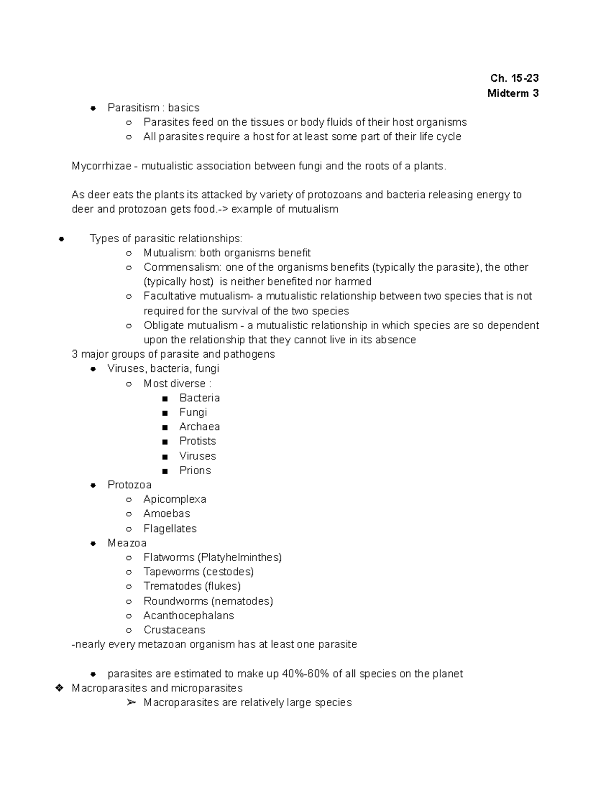 practice for the midterm - Ch. 15- Midterm 3 Parasitism : basics ...