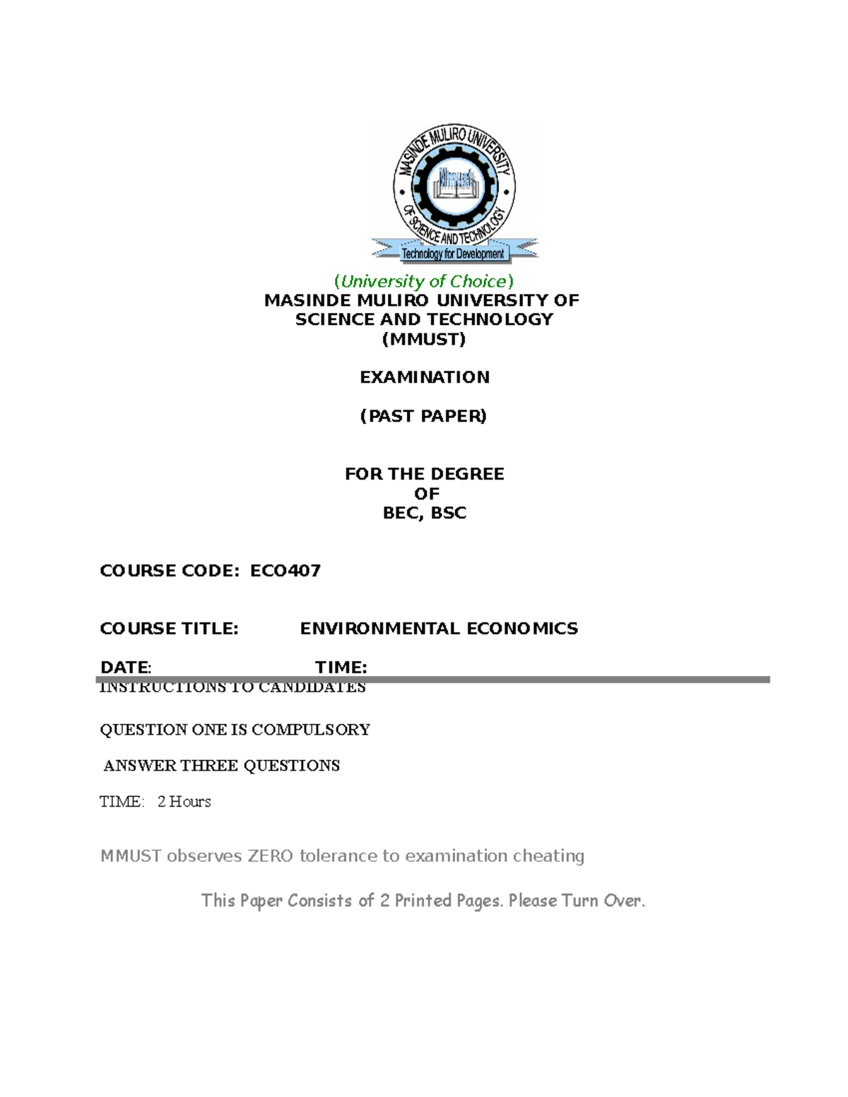 ECO407 PAST Paper 1 - ` (University of Choice) MASINDE MULIRO ...
