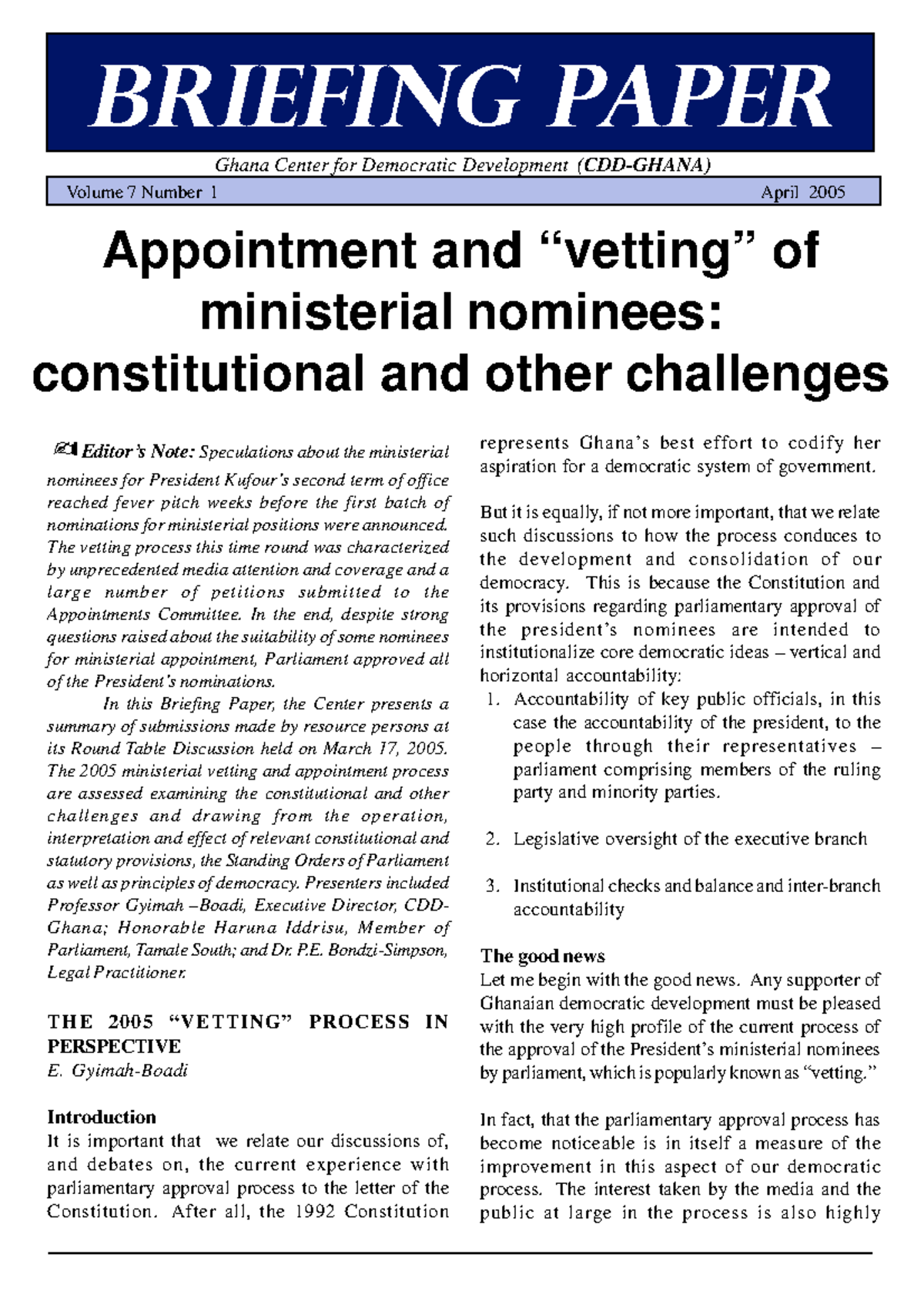 Ministerial vetting Briefing no. 30 - CDD-Ghana Briefing Paper Volume7 ...