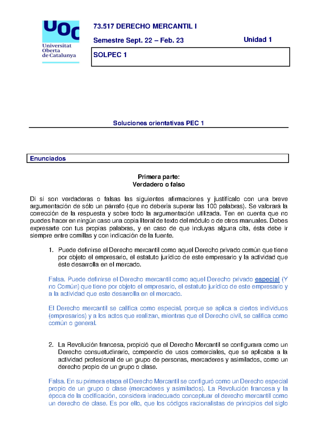 Solucion PEC 1 - solpec 1 - 73 DERECHO MERCANTIL I Semestre Sept. 22 – Feb. 2 3 Unidad 1 SOLPEC ...
