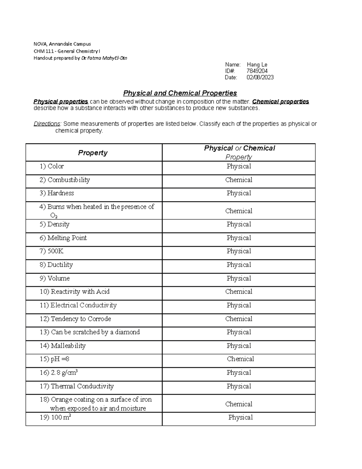Physical and Chemical Properties WS - NOVA, Annandale Campus CHM 111 ...
