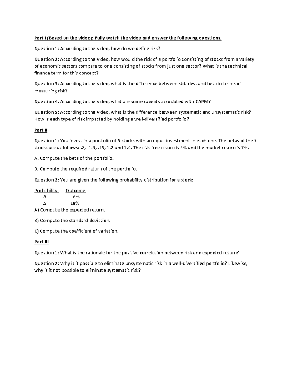 PFI-FIN 3331 Revised Risk Return Assignment - Part I (Based on the ...