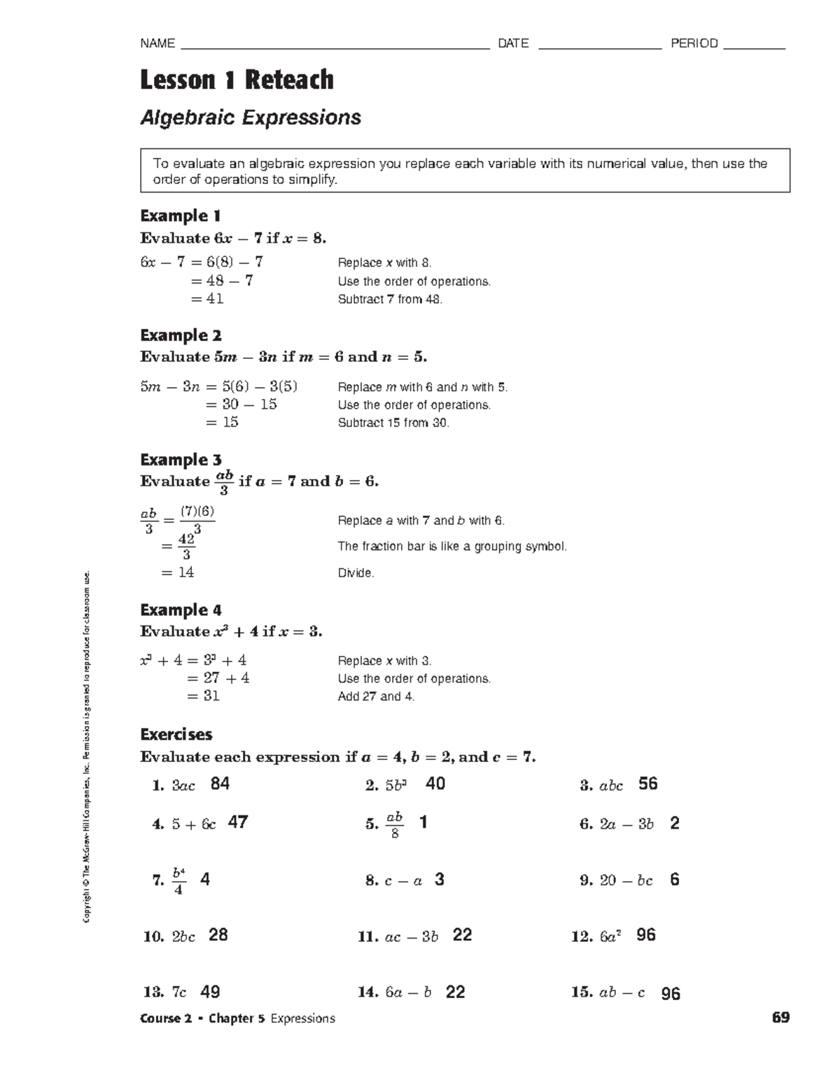 5-1 reteach ws - Assignment 1 - Course 2 • Chapter 5 Expressions 69 ...
