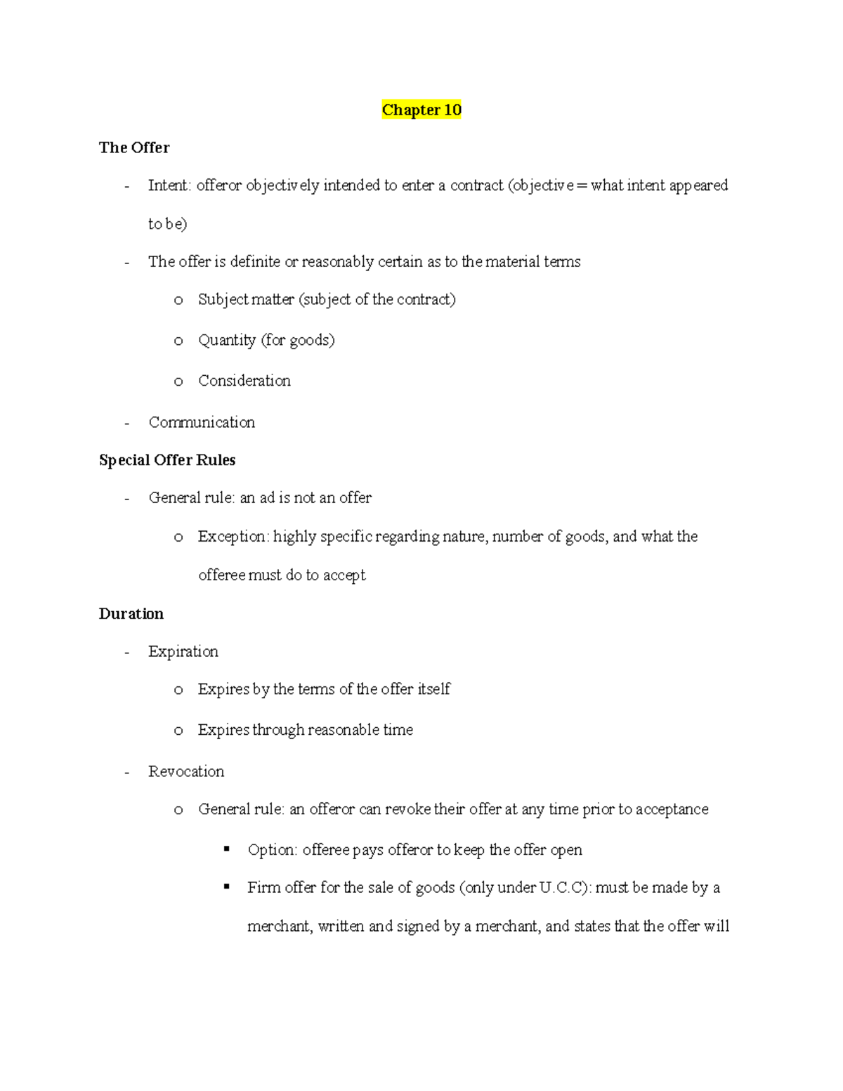 Chapter 10 - Chapter 10 The Offer Intent: offeror objectively intended ...