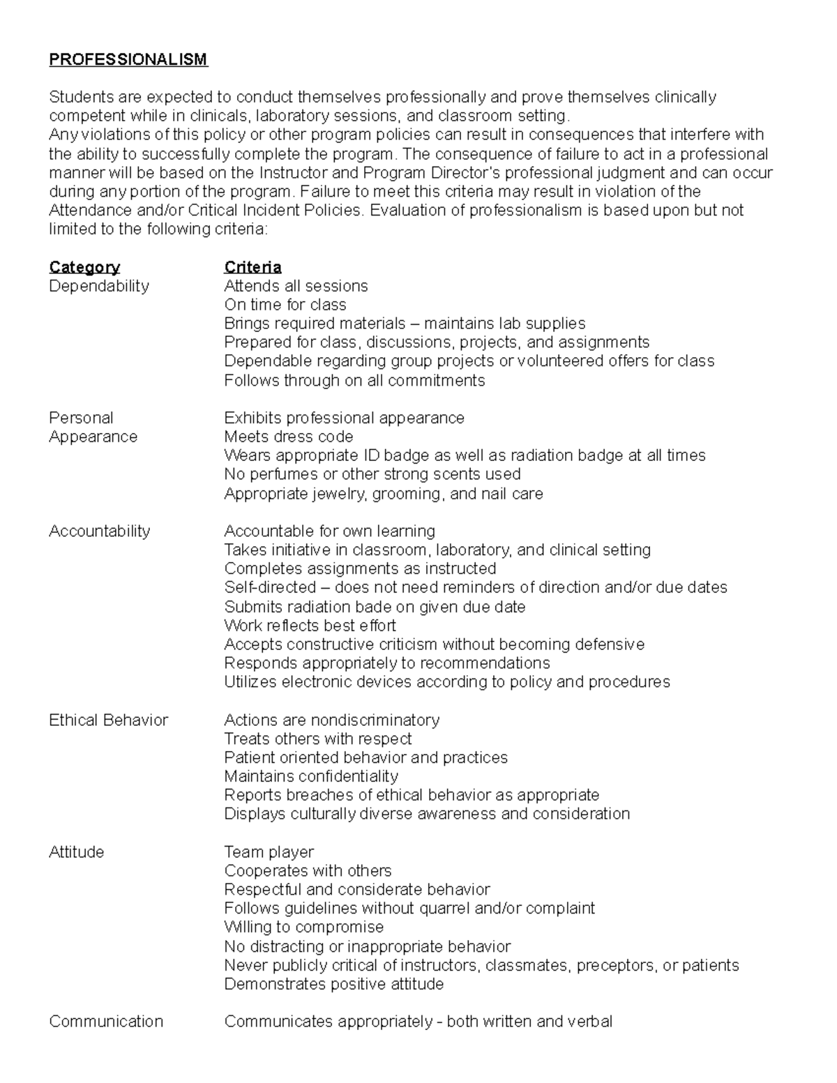 Handbook - Professionalism Policy - PROFESSIONALISM Students are ...