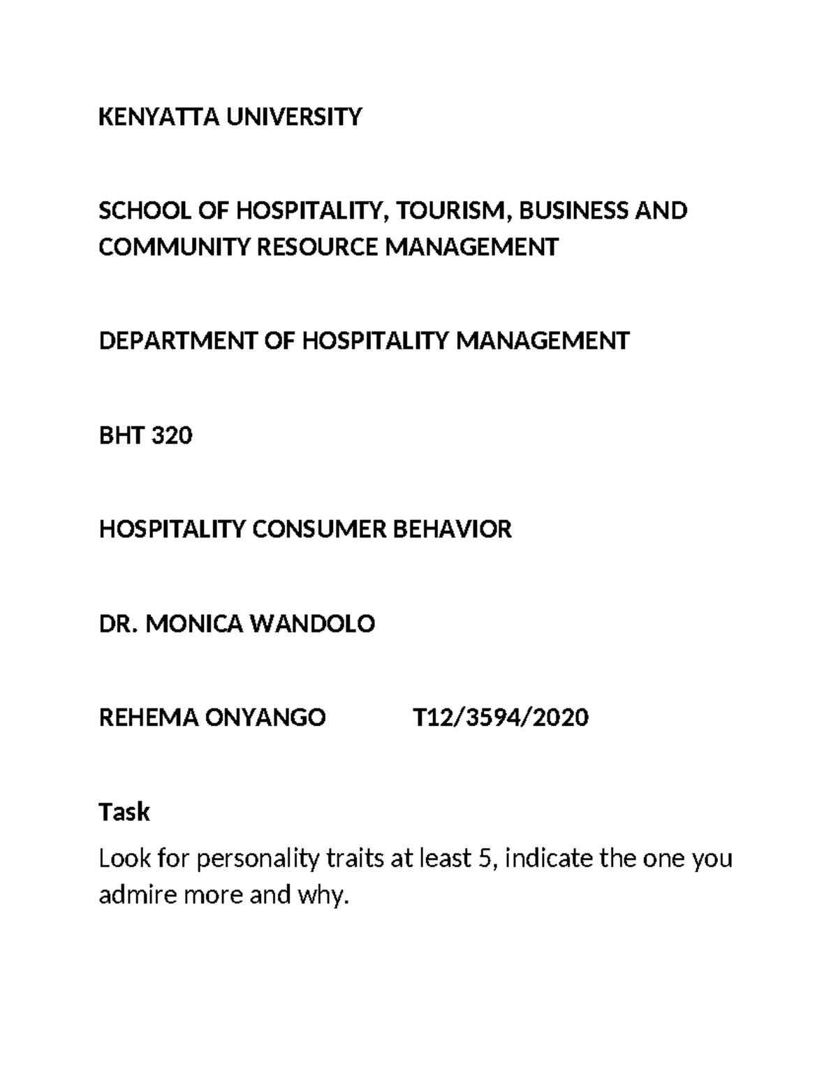 Consumer behavior - hospitality and tourism management - KENYATTA ...