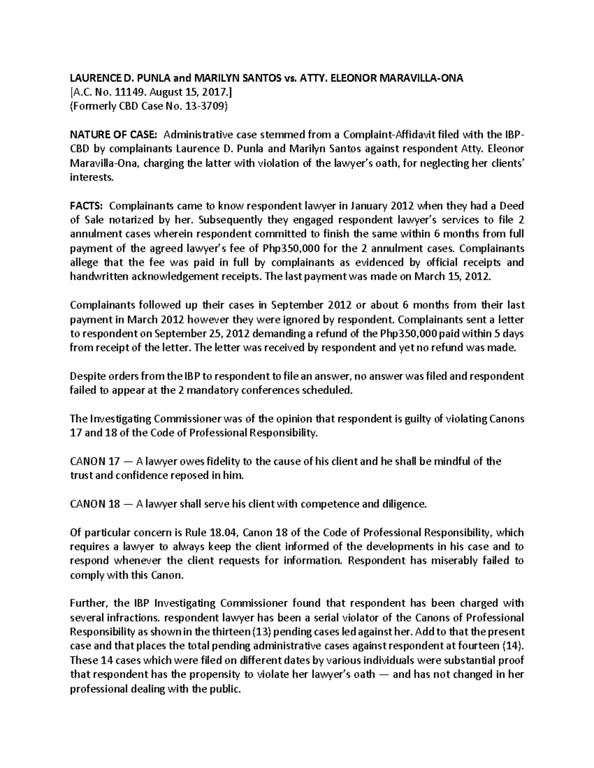 Punla v. Maravilla-Ona - LAURENCE D. PUNLA and MARILYN SANTOS vs. ATTY ...
