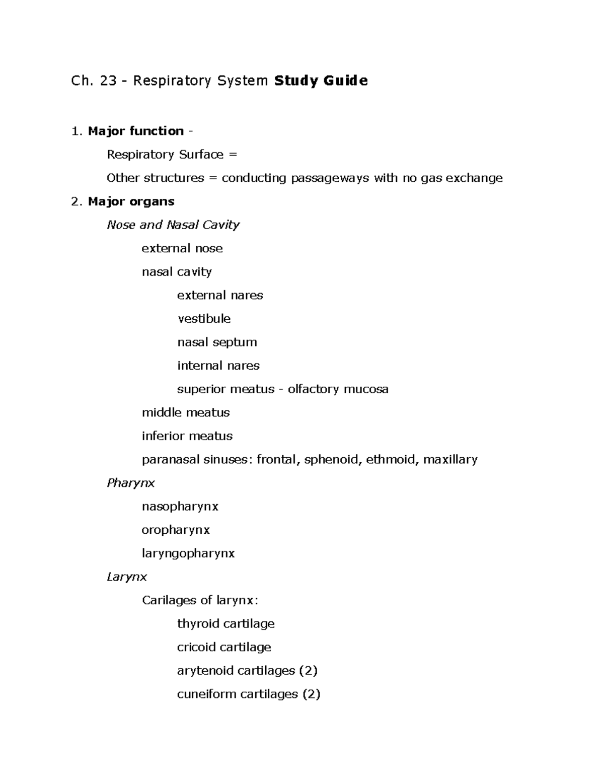 Ch 56 notes- bio - Ch. 23 - Respiratory System Study Guide Major ...