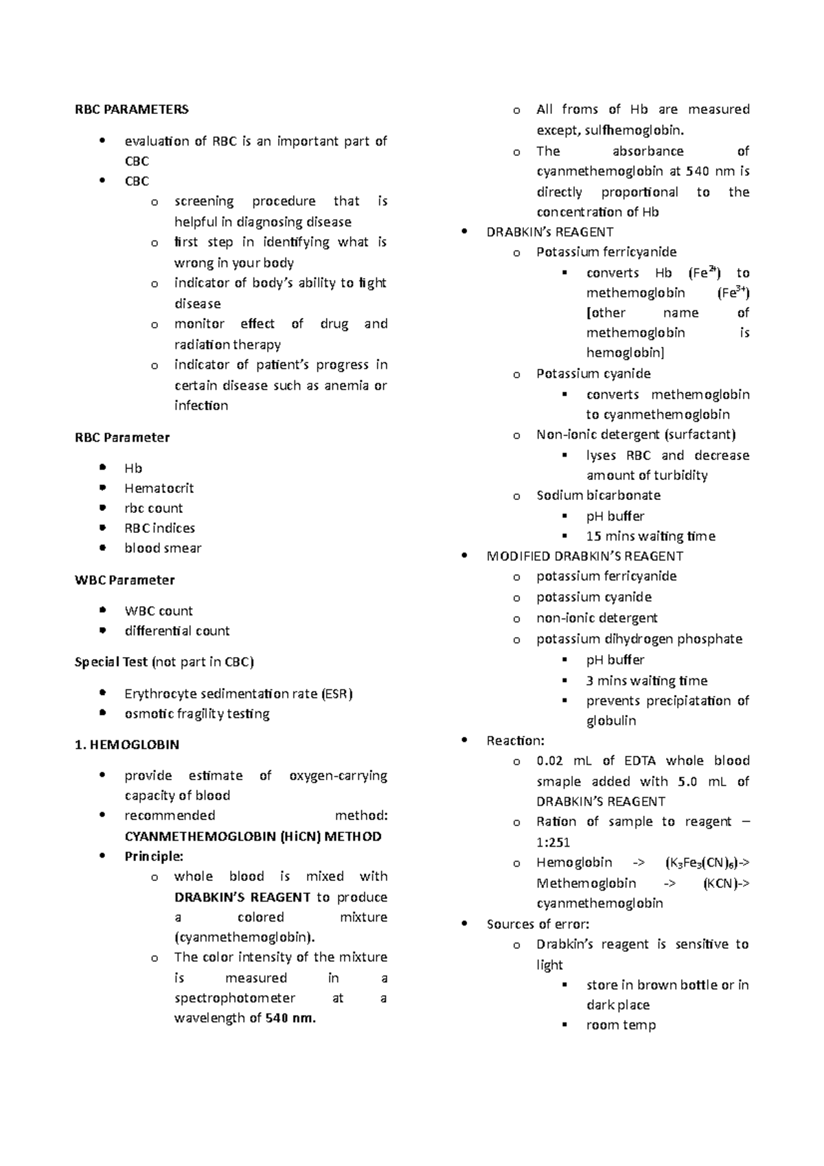 HEMA - RBC Parameters - RBC PARAMETERS evaluation of RBC is an ...