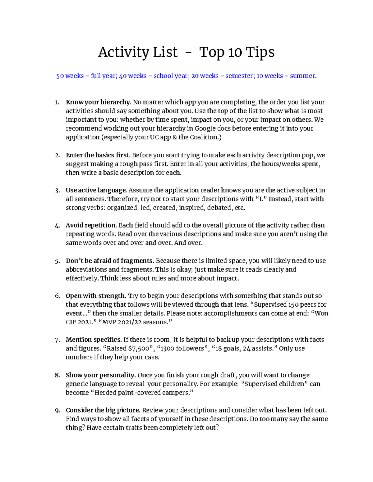 Activity List - Top 10 Tips - Activity List - Top 10 Tips 50 weeks ...