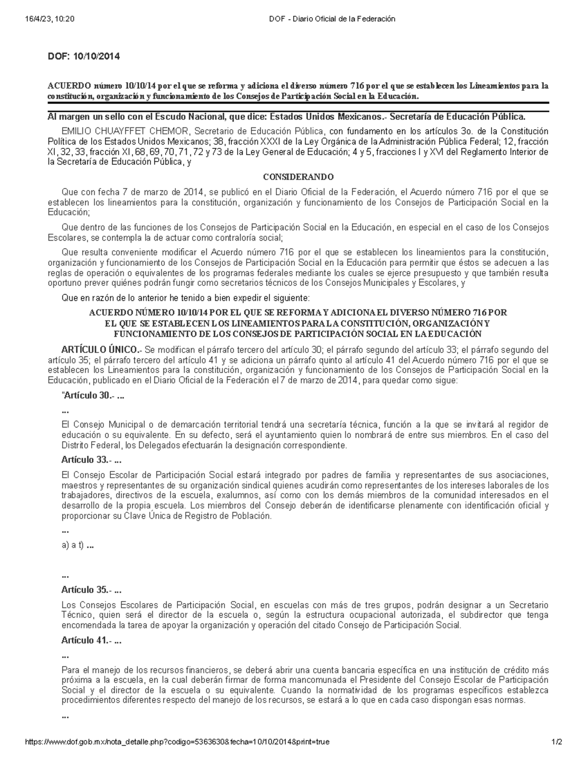 2.- Acuerdo número 101014 por el que se reforma y adiciona el diverso ...