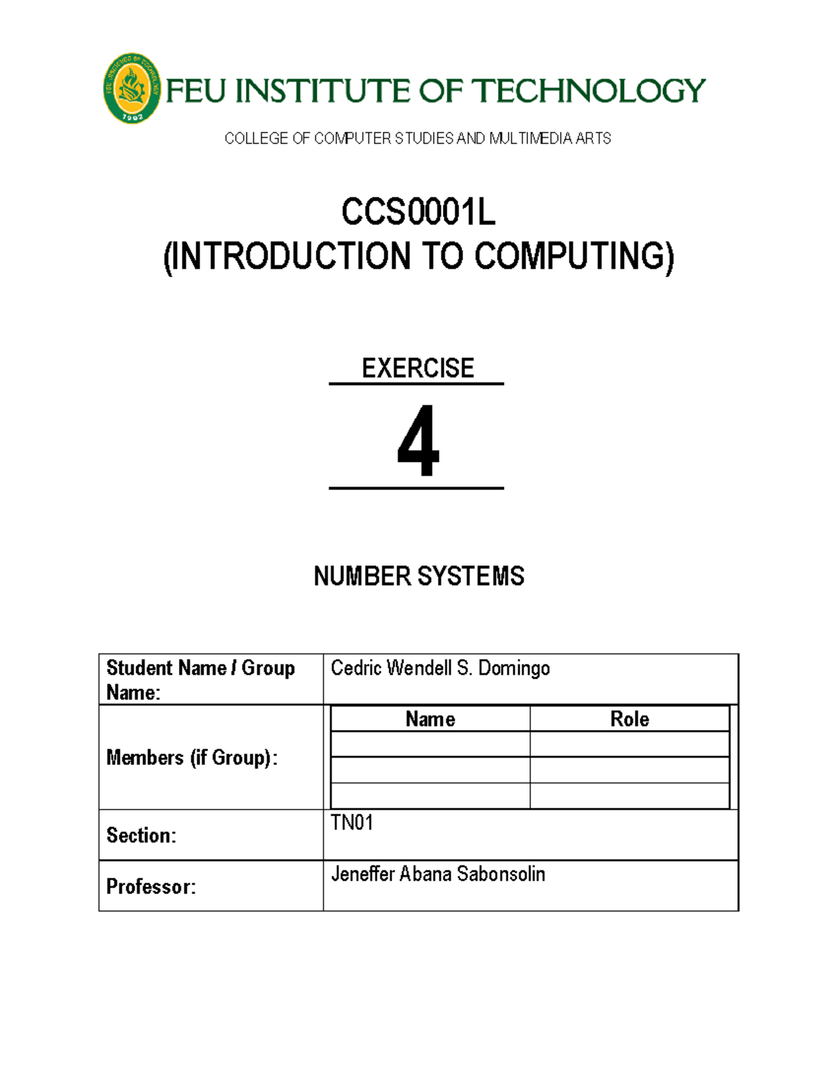 [M4- Technical] Number System TN01 Cedric Wendell Domingo - COLLEGE OF ...