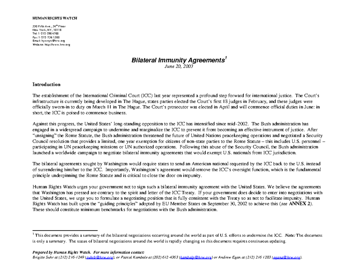 Human Rights Watch (2003 ) Bilateral immunity agreements - HUMAN RIGHTS ...