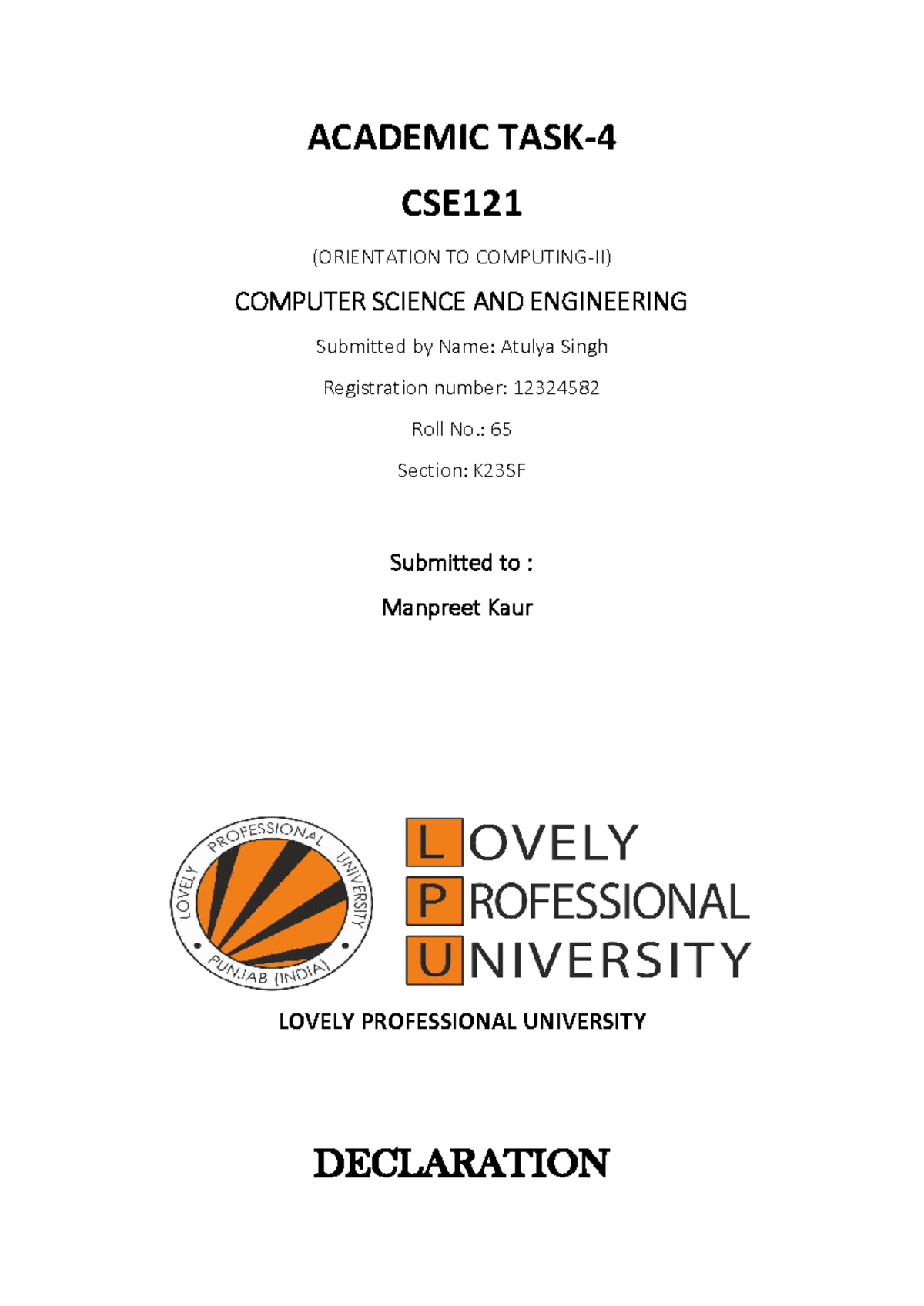 CA4 - ACADEMIC TASK- 4 CSE (ORIENTATION TO COMPUTING-II) COMPUTER ...