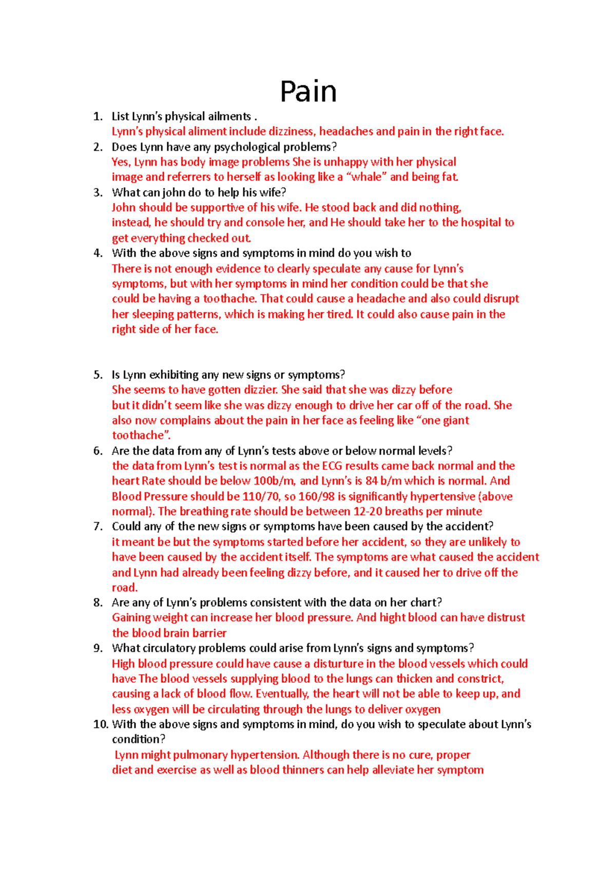 Pain - pain - Pain List Lynn’s physical ailments. Lynn’s physical ...