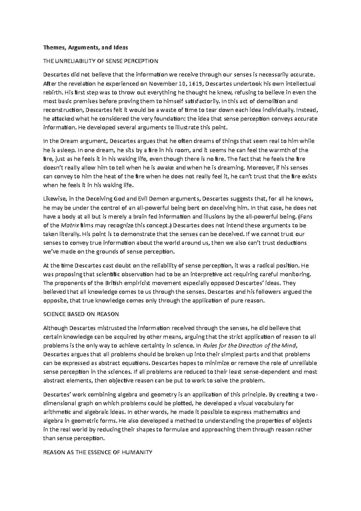 Summary Discourse on Method Themes - Themes, Arguments, and Ideas THE ...