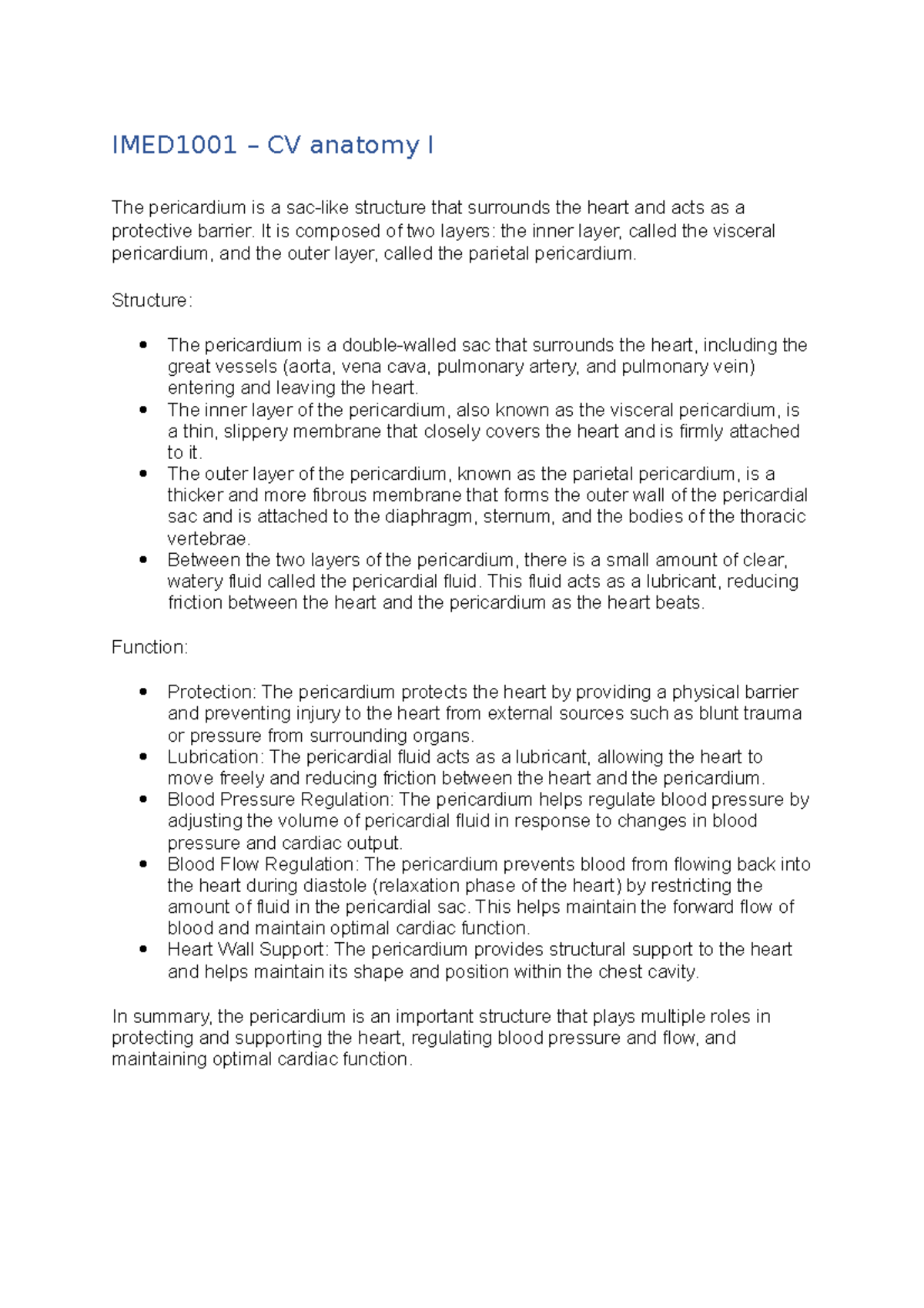 IMED1001-CVanatomy 1 - Lecture notes for cardiac anatomy - IMED1001 ...