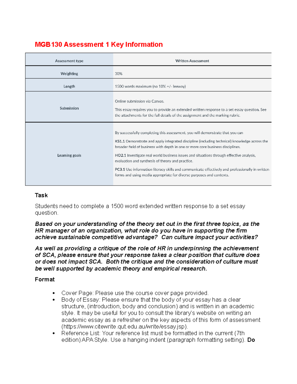 MGB130 Assessment 1 - Based on your understanding of the theory set out ...