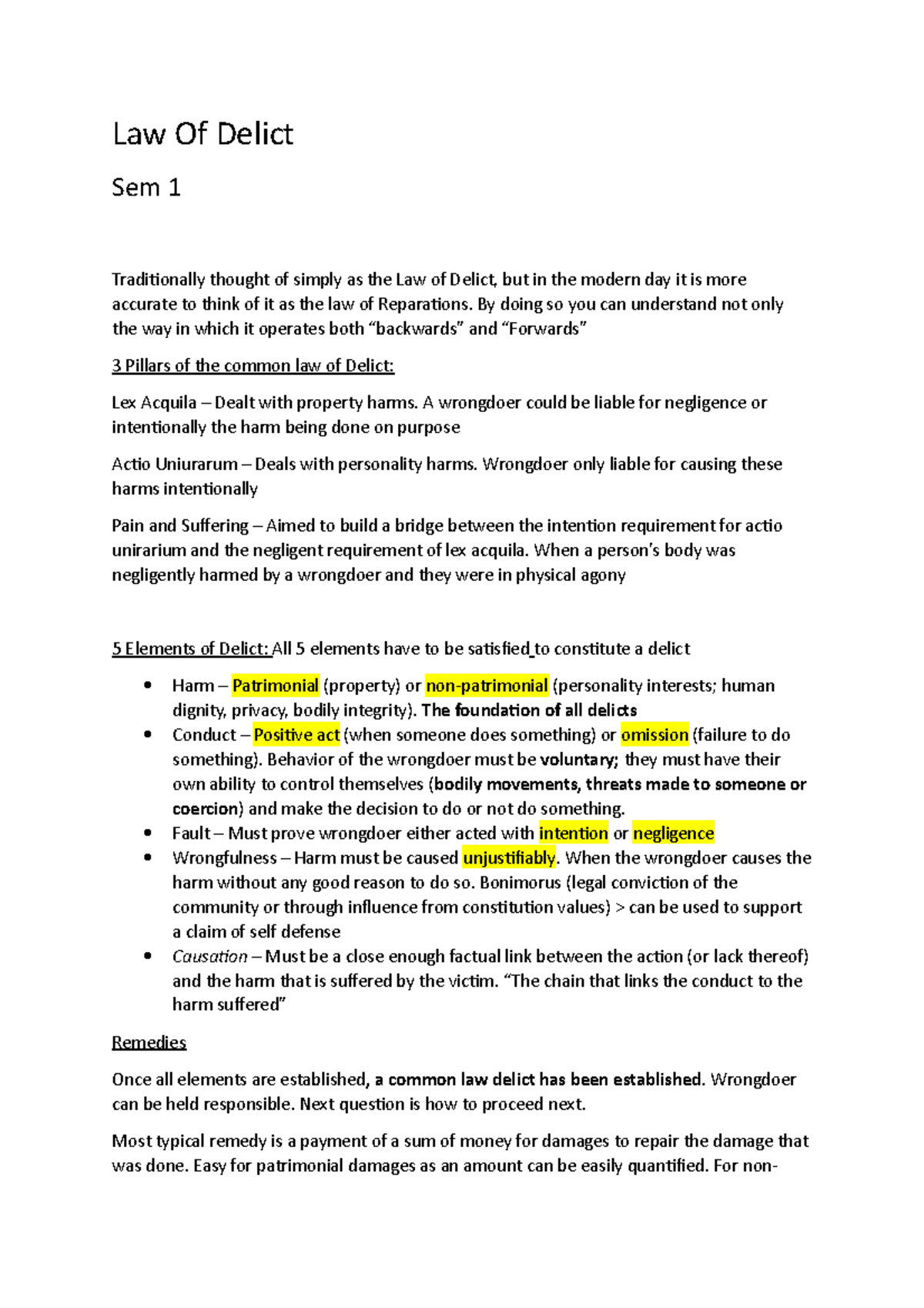 Delict Sem 1 - Sem 1 - Law Of Delict Sem 1 Traditionally thought of ...