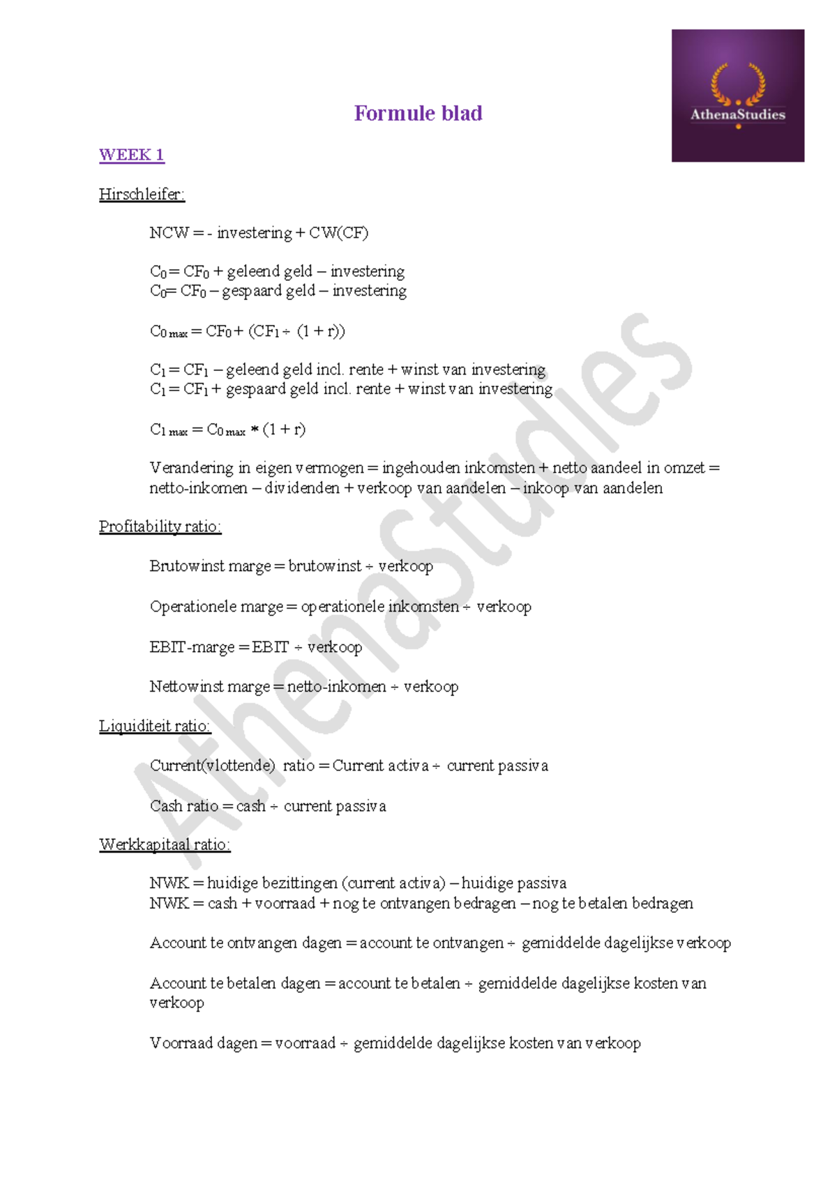 Formule blad Finance 1 t m 4 NL - Formule blad WEEK 1 Hirschleifer: NCW ...