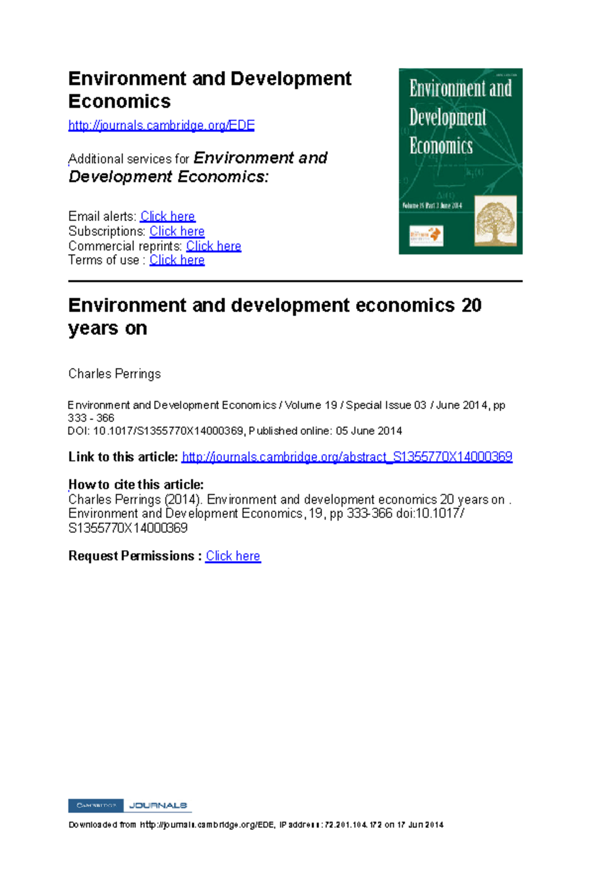 Environment and development economics 20 years on - Environment and ...