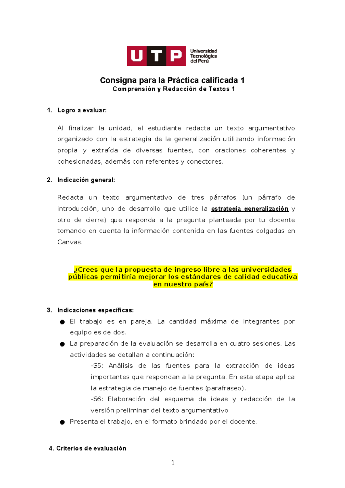 U2 GC N01I PC1Consigna 23C1M - Consigna para la Práctica calificada 1 Comprensión y Redacción de ...