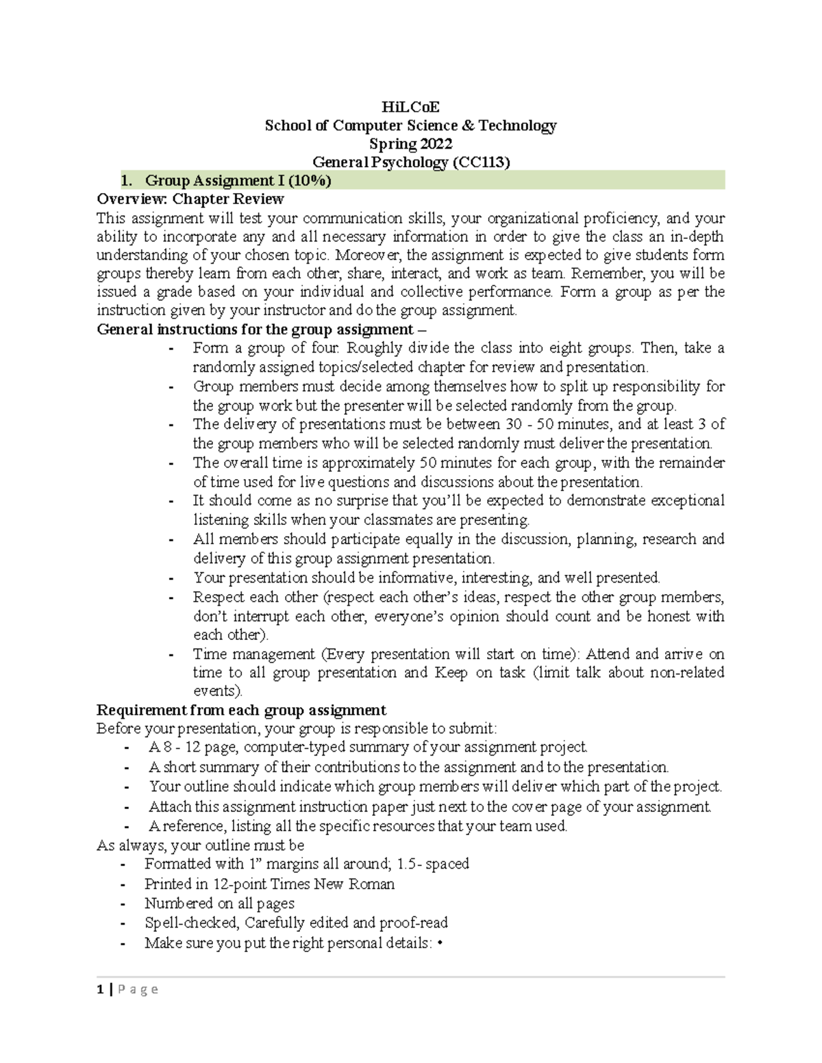 Group and Individual Assignment Presentation Plan (CC113) - HiLCoE ...