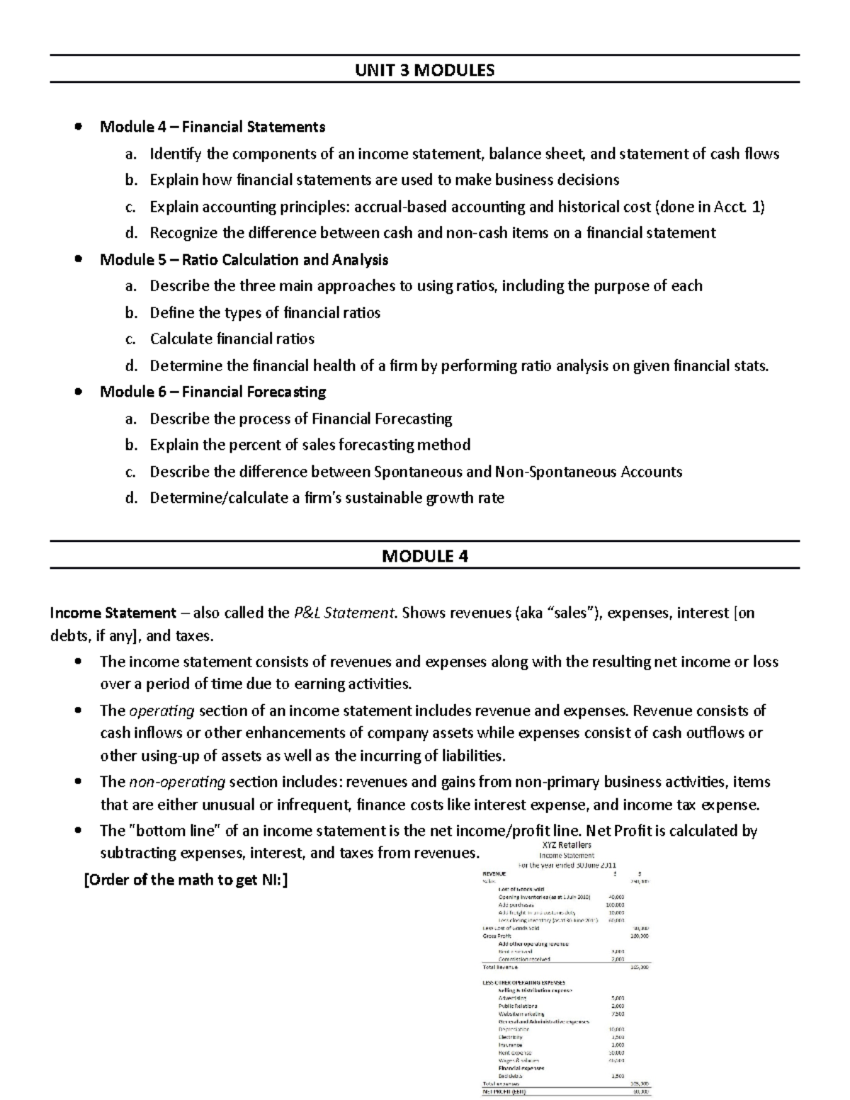 Unit 3 - Financial Statements, Ratios, and Forecasting - UNIT 3 MODULES ...