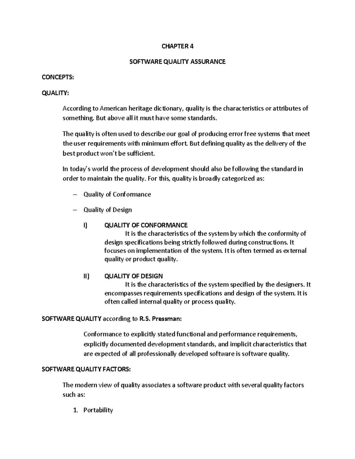Chapter 4 - hjguhk - CHAPTER 4 SOFTWARE QUALITY ASSURANCE CONCEPTS ...