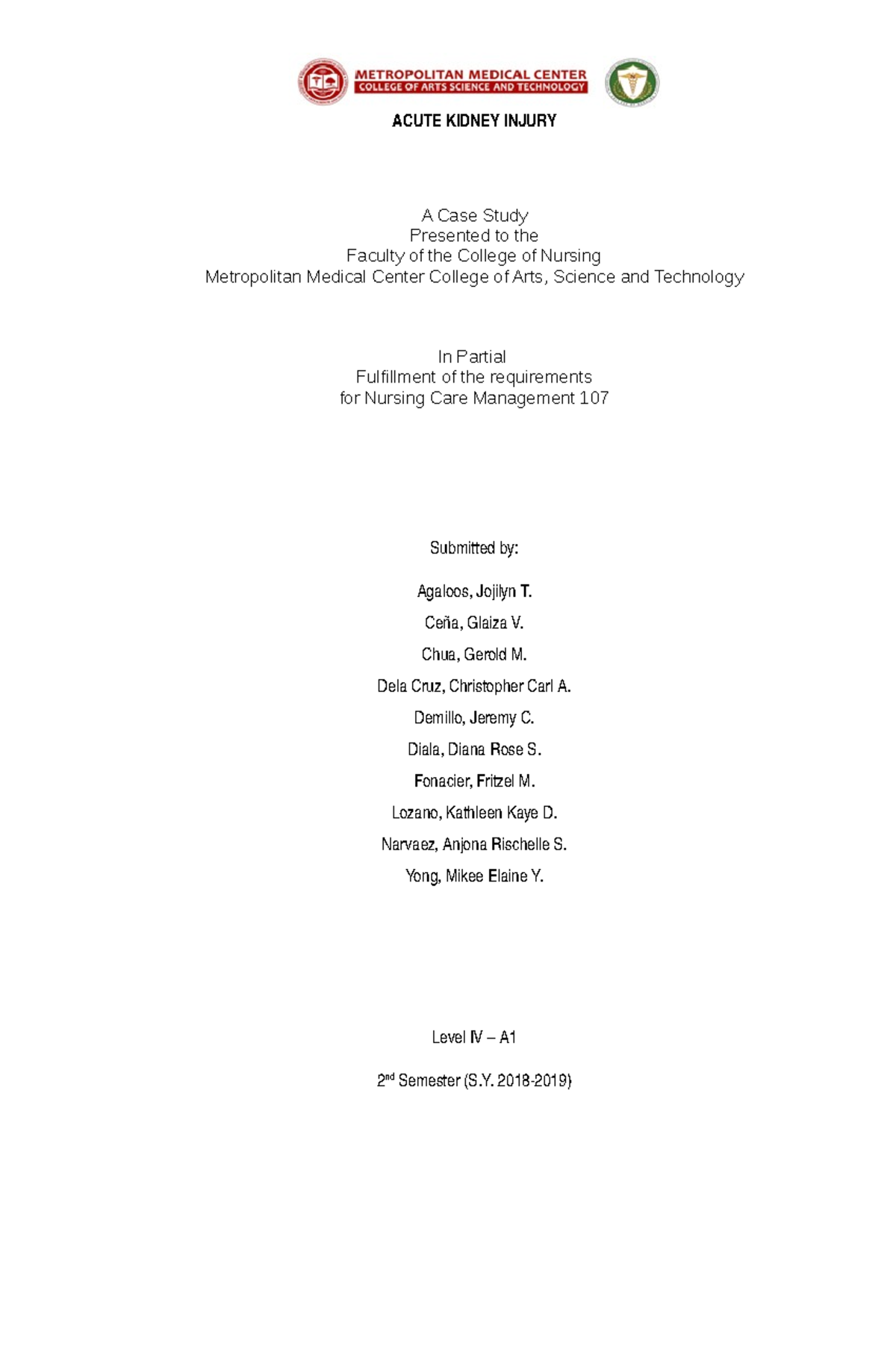 CASE Study AKI - ACUTE KIDNEY INJURY A Case Study Presented to the ...