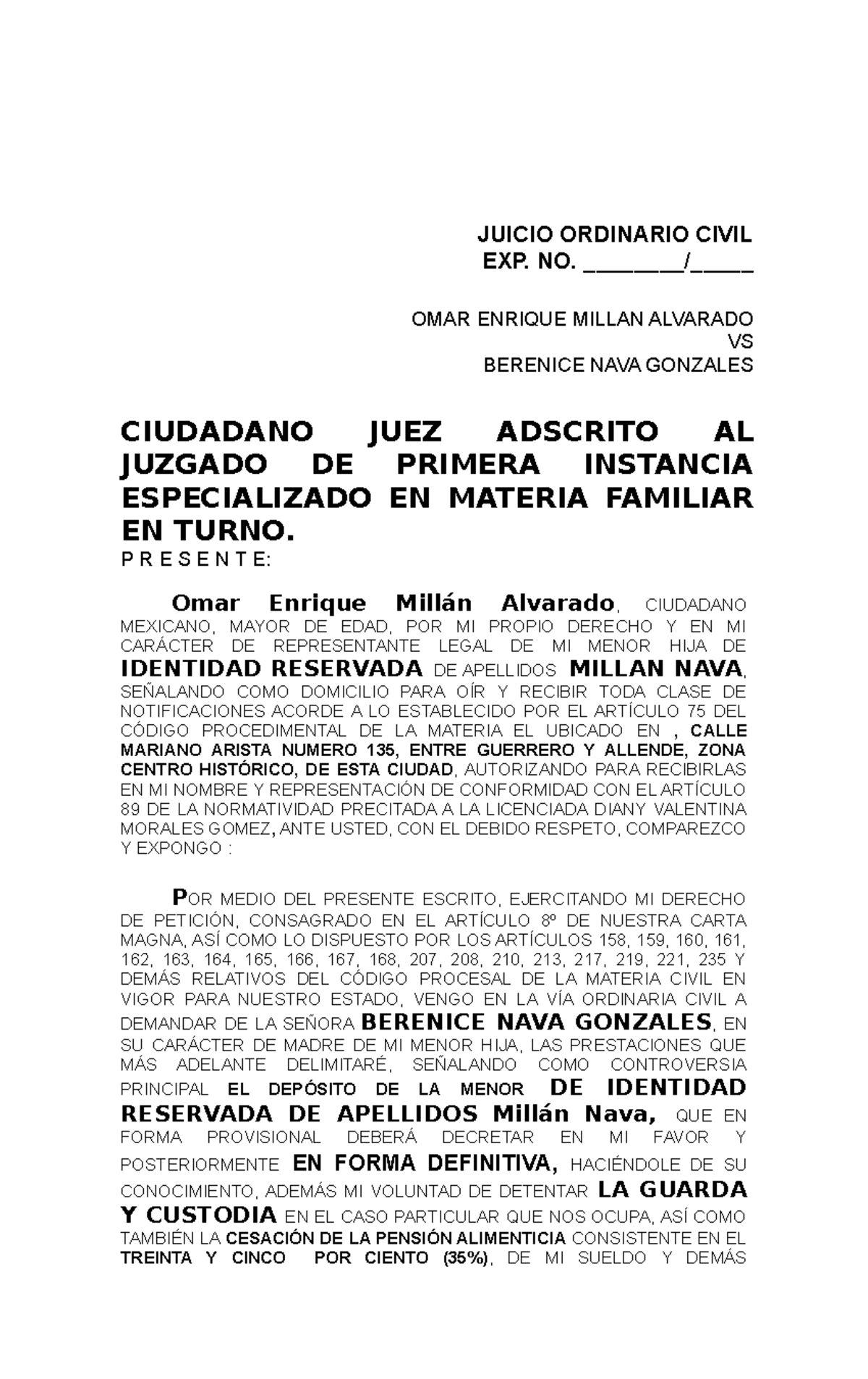 Demanda civil - JUICIO ORDINARIO CIVIL EXP. NO. ___/ ####### OMAR ...