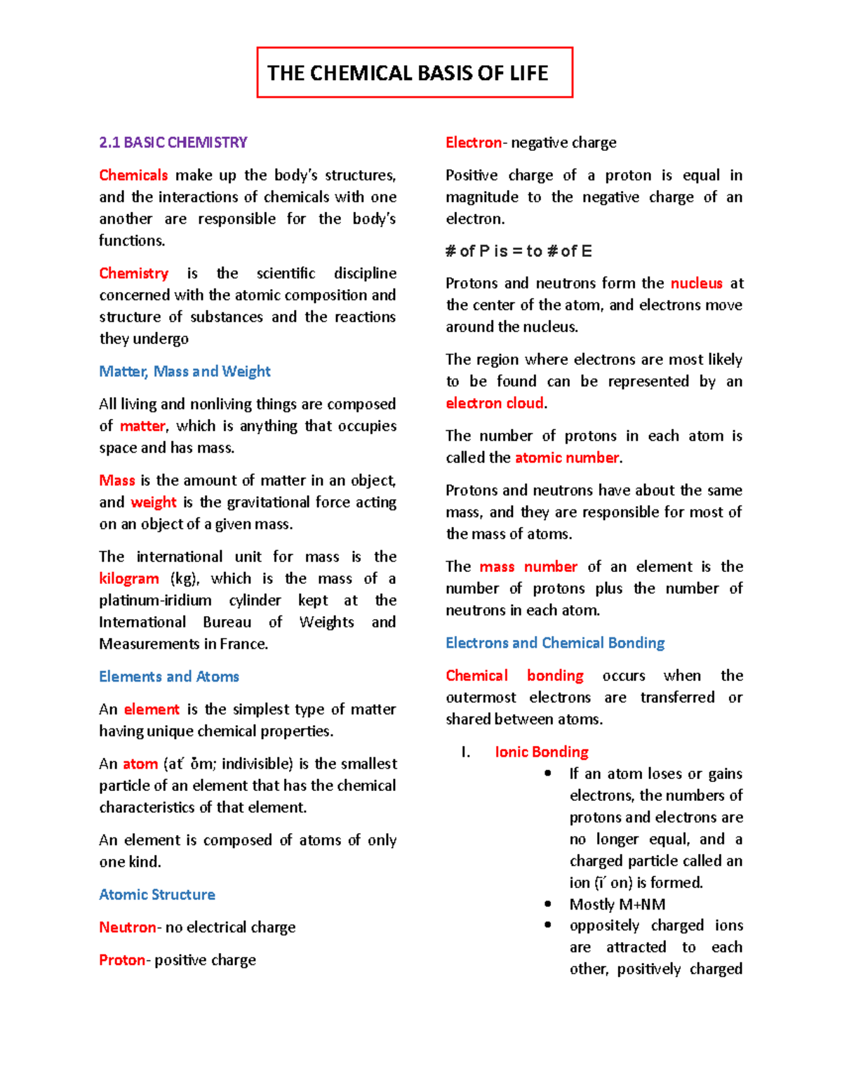 Anatomy and Physiology - 2 BASIC CHEMISTRY Chemicals make up the body’s ...