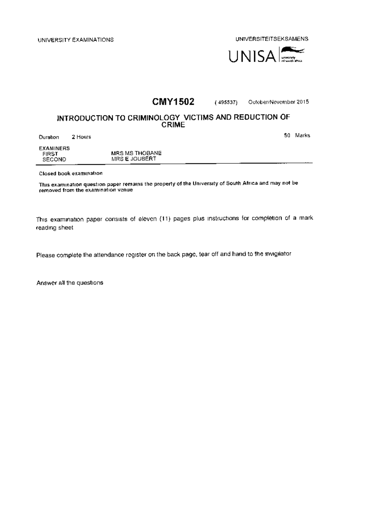 CMY1502 2015 10 E 1 - EXAM - CMY1501 - Studocu